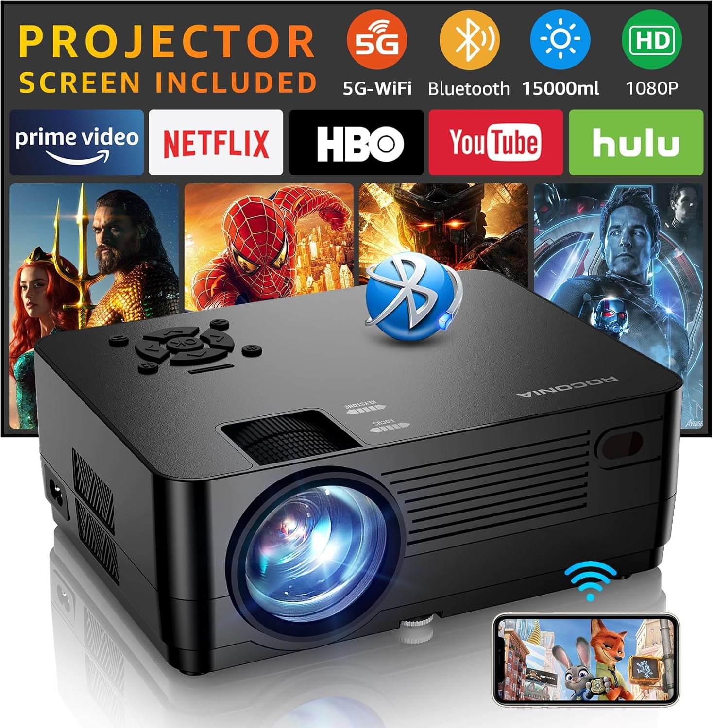 Projector with 5G WiFi and Bluetooth, Native 1080P Projector[Projector ...