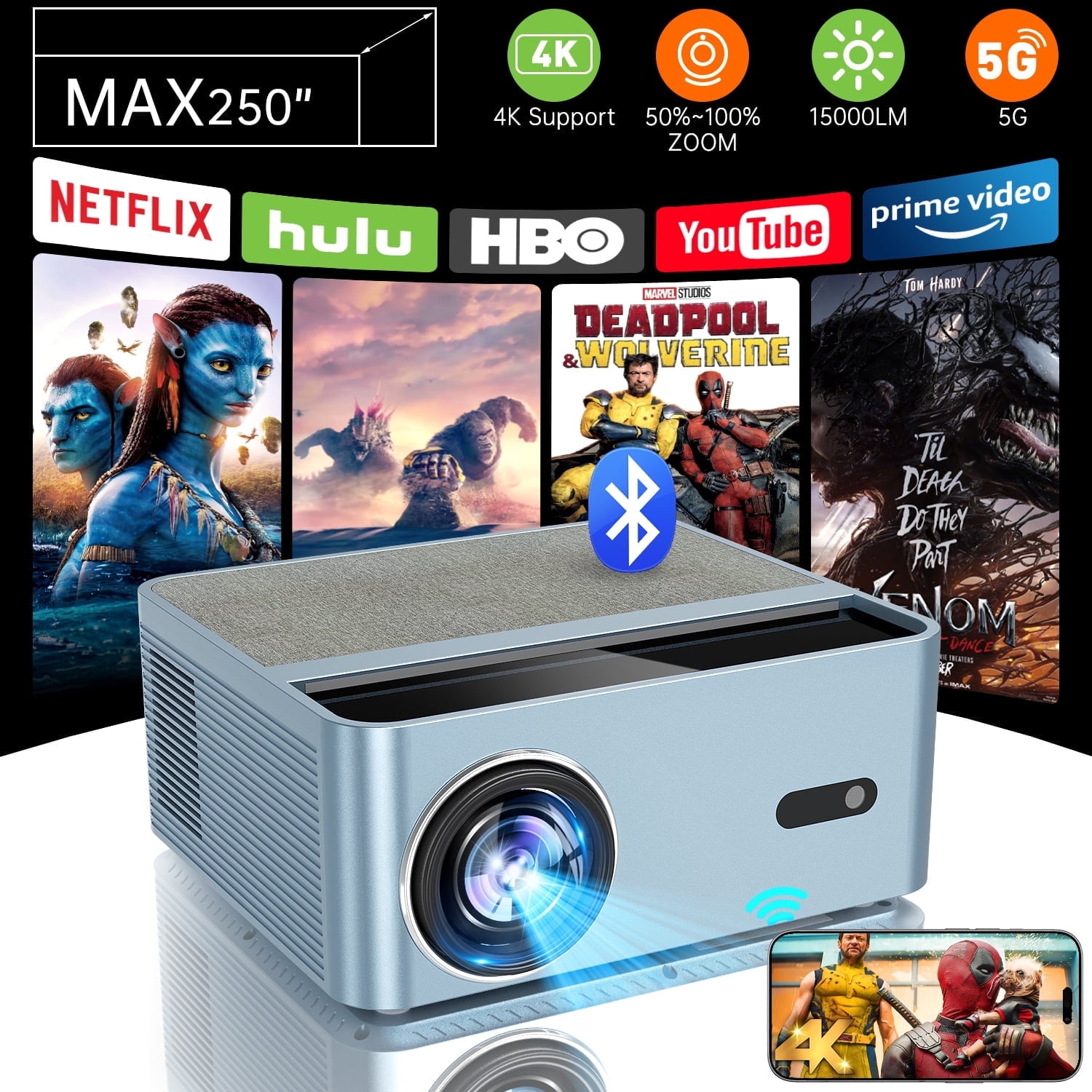 Projector with Wifi and Bluetooth, 4K Support Native 1080P Outdoor ...