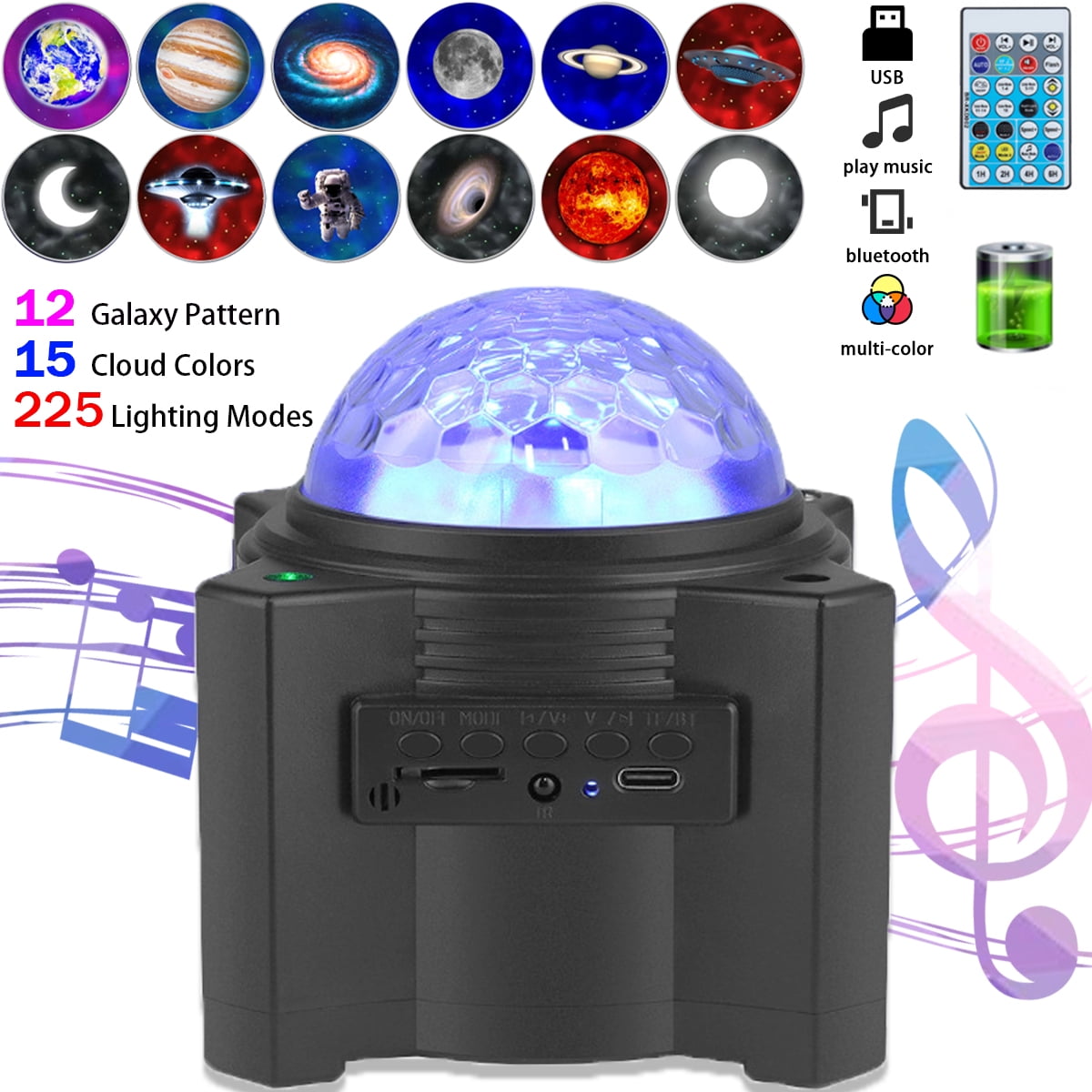 LED Galaxy Projector Lamp with 12 Space Patterns, 15 Cloud Modes, Music ...