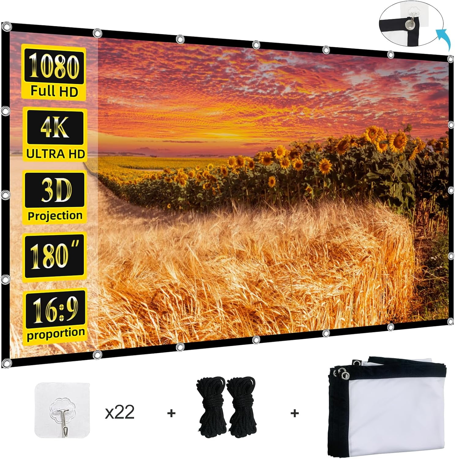 Projector Screen 180 inch, Large 4K HD 16:9 Foldable Portable ...