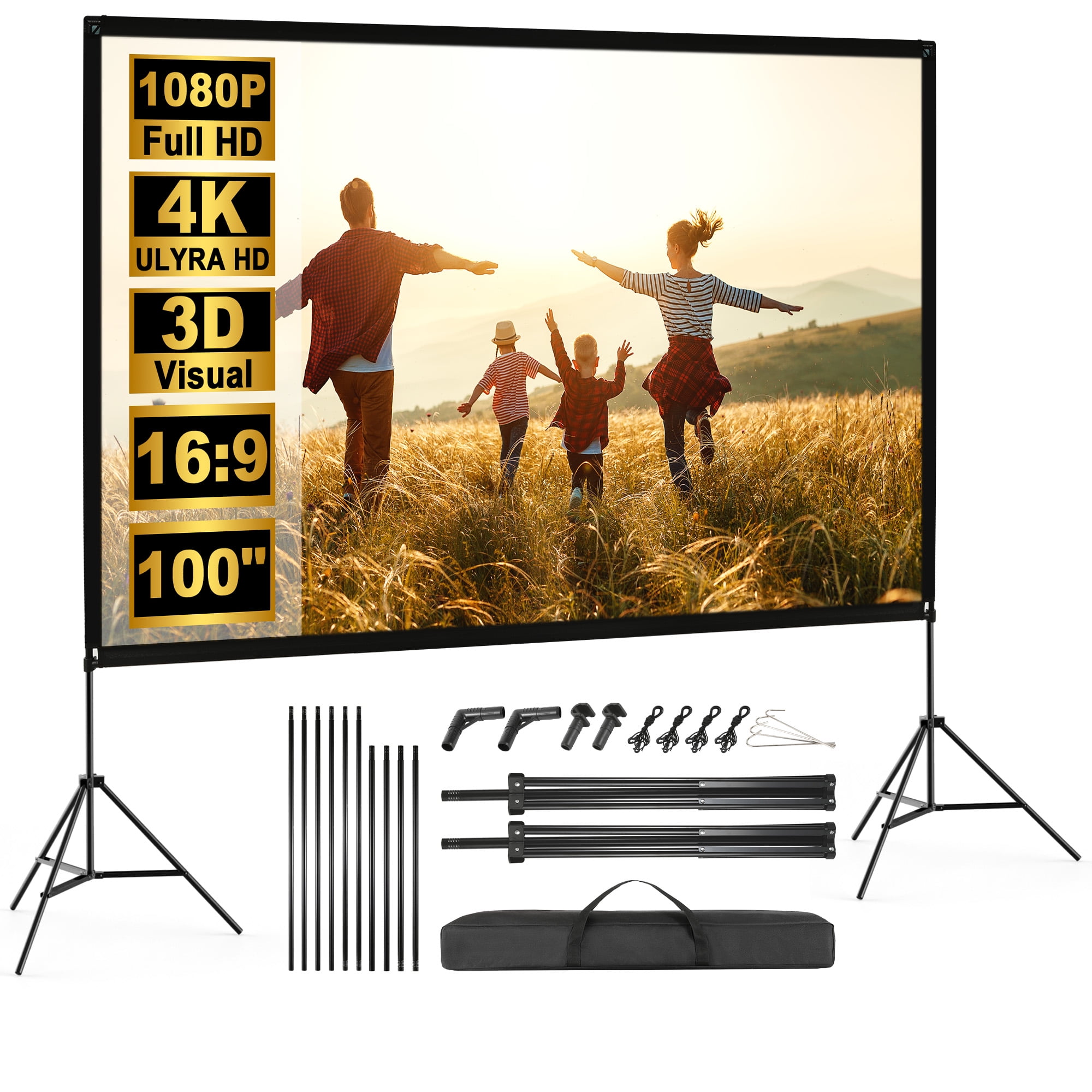 100" Projector Screen with Stand, Foldable Portable Movie Screen, 16:9 ...