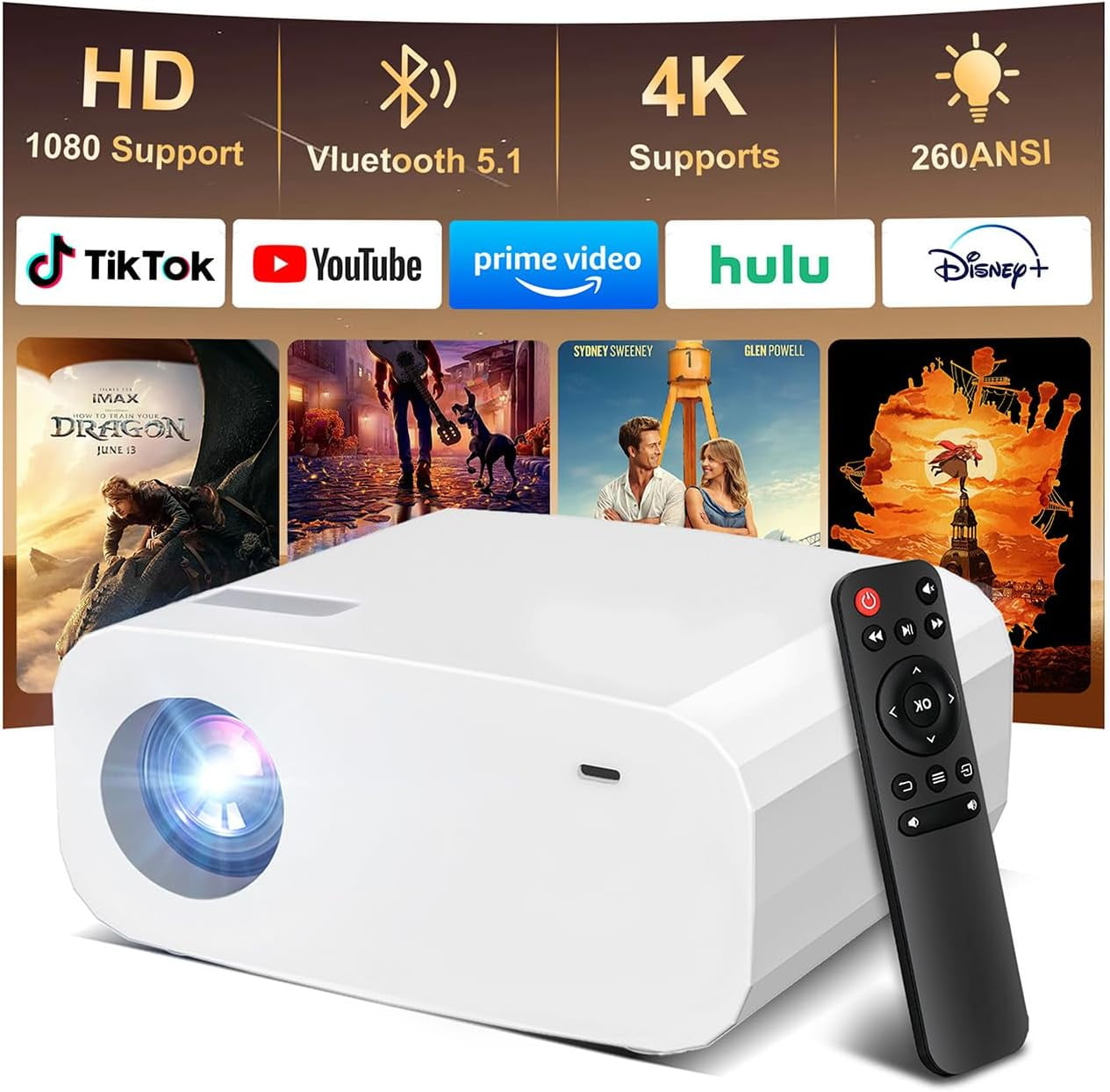 Projector,Smart Projector with WiFi and Bluetooth, Built-in Apps, Auto ...