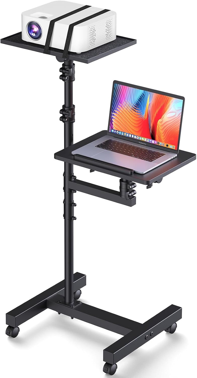 Projector Stand Tripod with 2 Shelves, Mobile Laptop Cart on Wheels ...