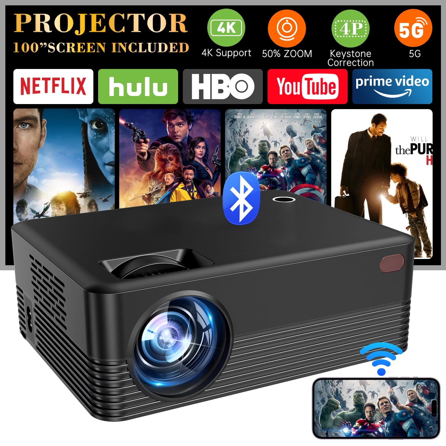 WiFi & Bluetooth Compact Mini Movie Projector, 2024 Upgrade, 1080P ...