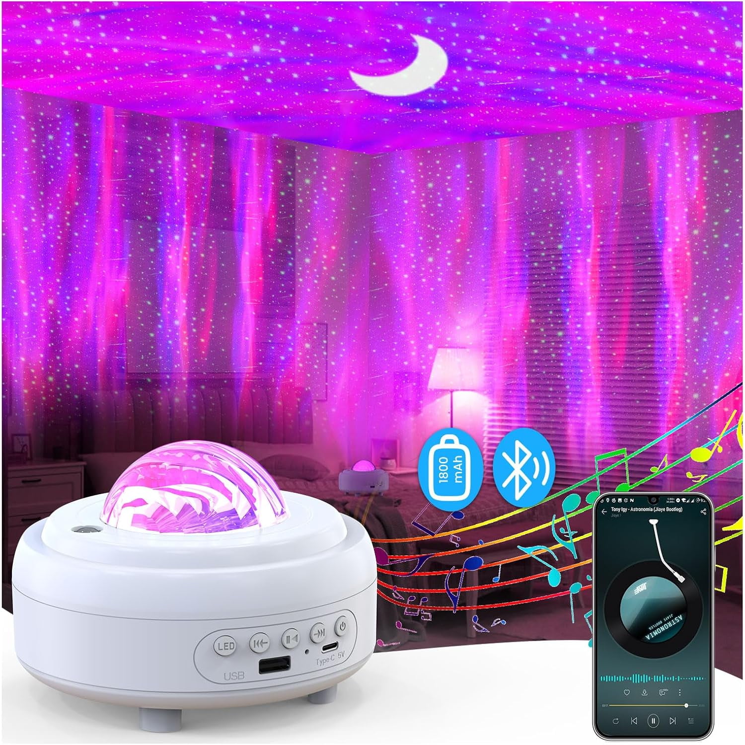 Projector with Speaker, 1800mAh Operated Night Light Galaxy Projector ...