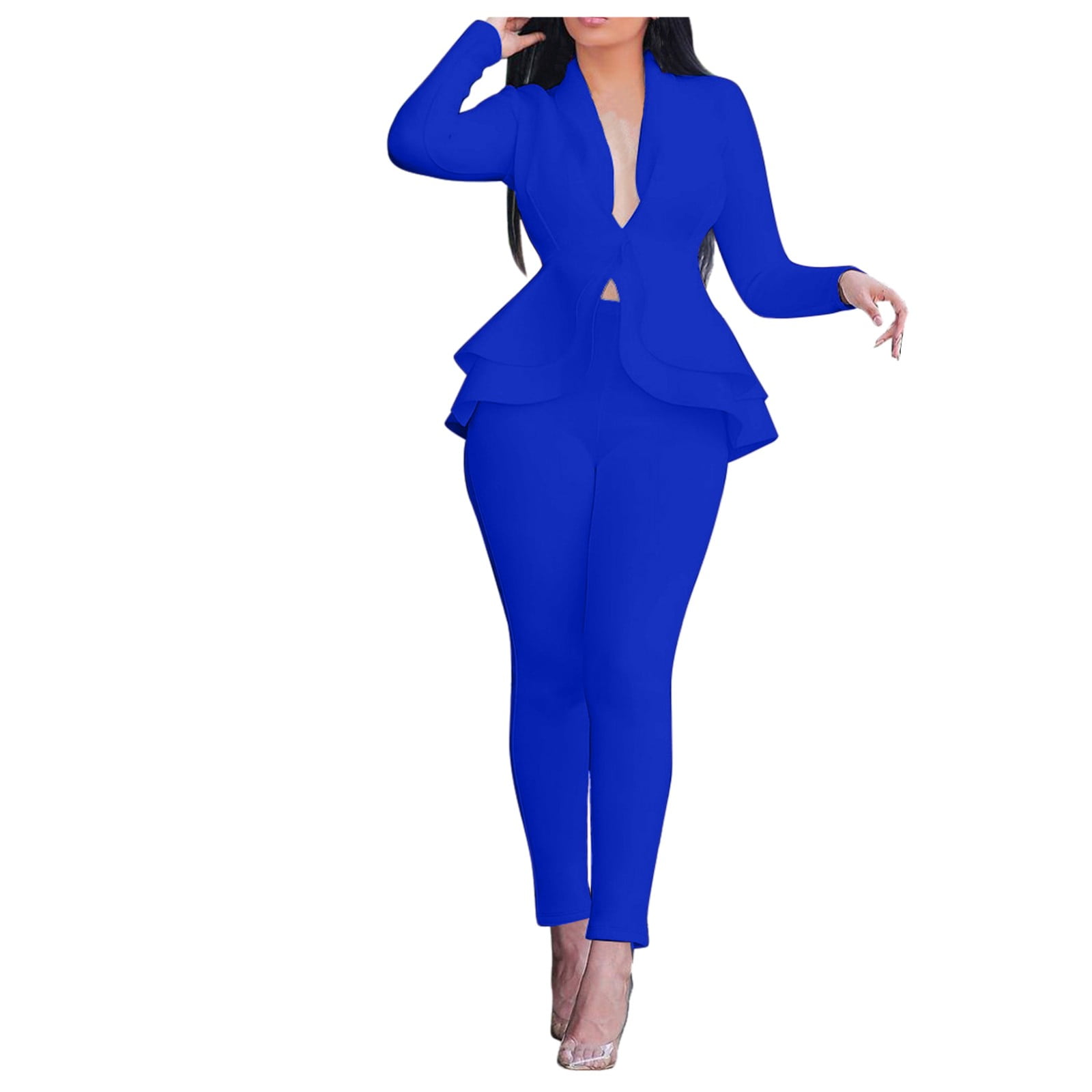 Prolriy Pant Suits for Women Two-Piece Suit Fashion Solid V-Neck ...