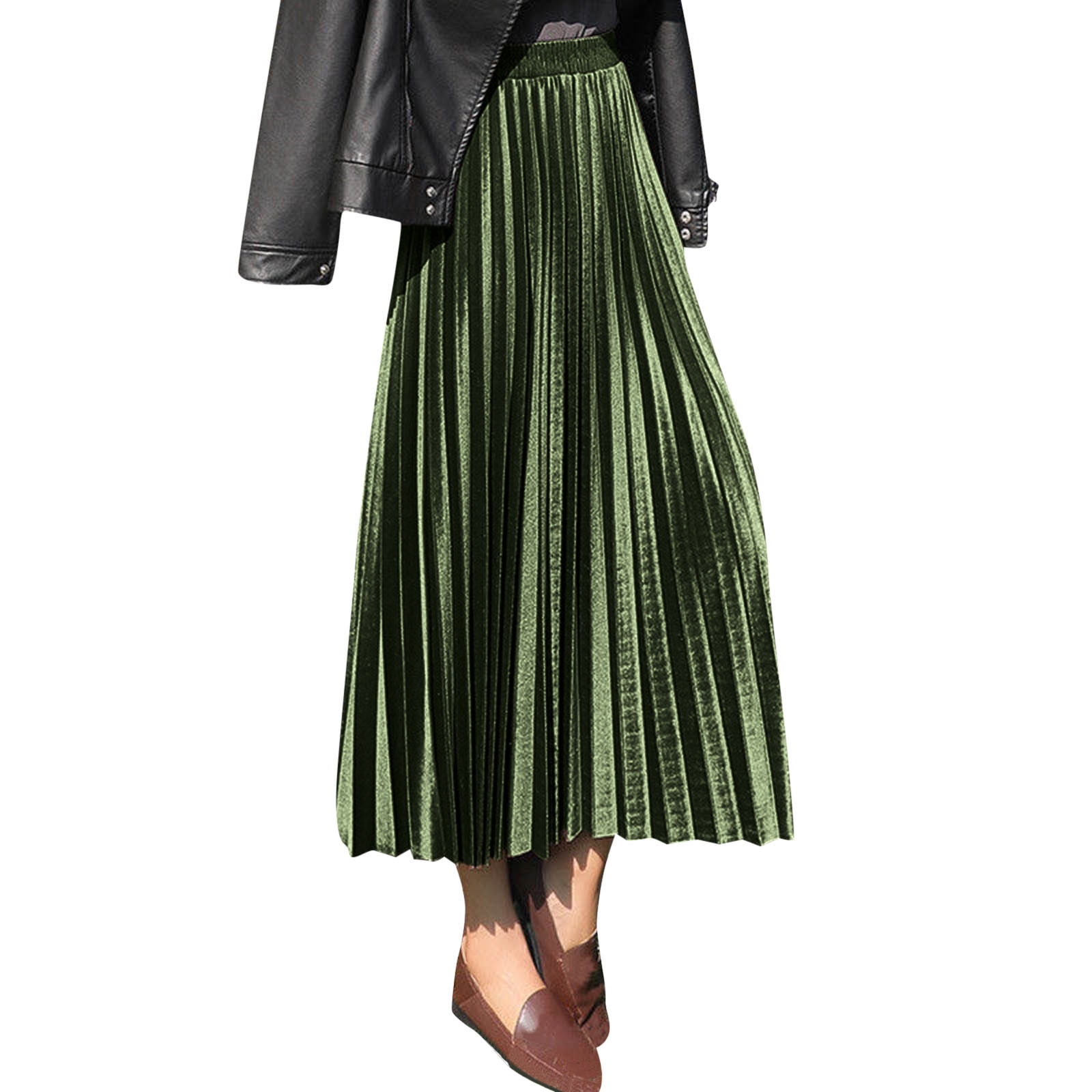 Prolriy Pleated Skirts for Women Casual Velvet Solid Color Long Half ...