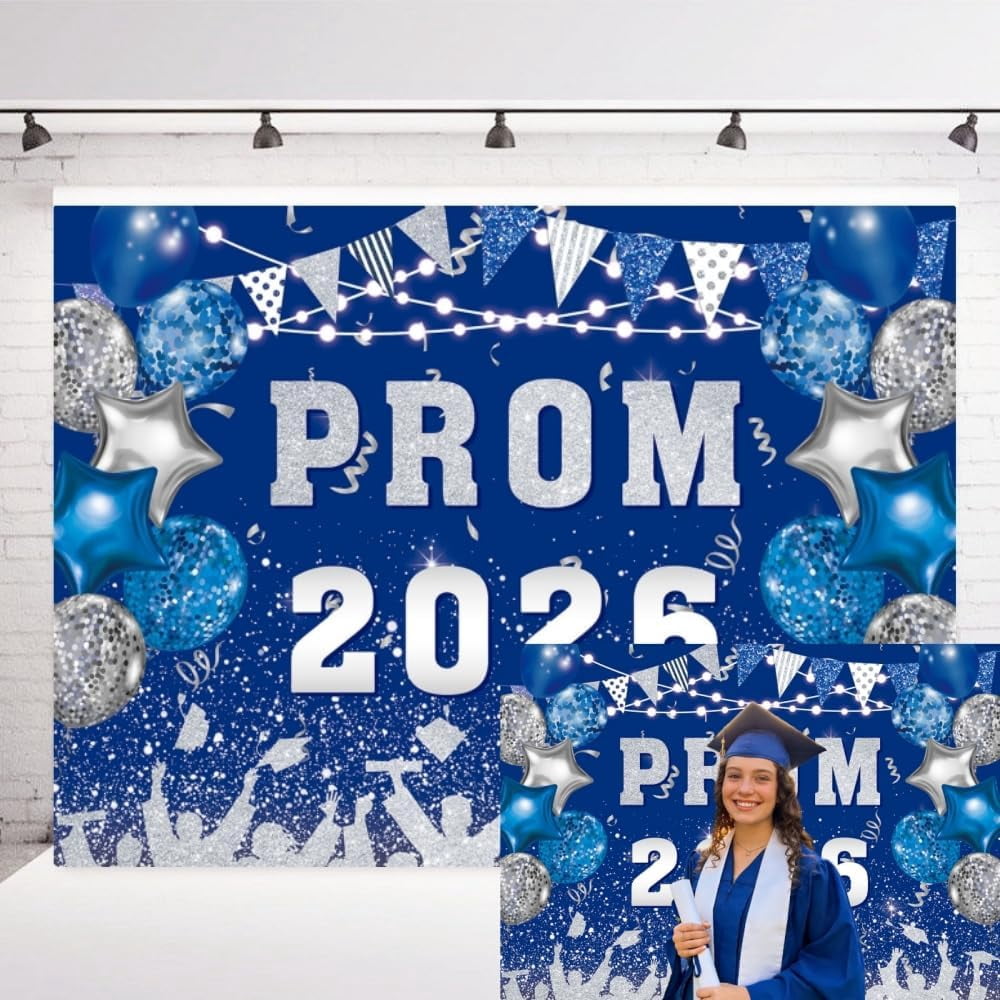 Prom 2026 Photography Backdrop Blue and Silvery Glitter Balloons Flags ...