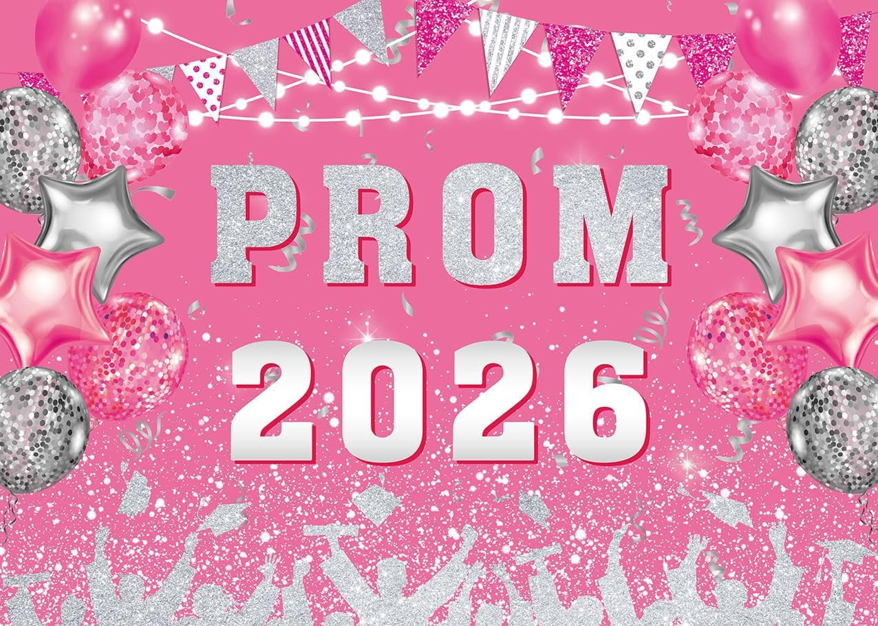 Prom 2026 Photography Backdrop Pink and Silvery Glitter Balloons Flags ...