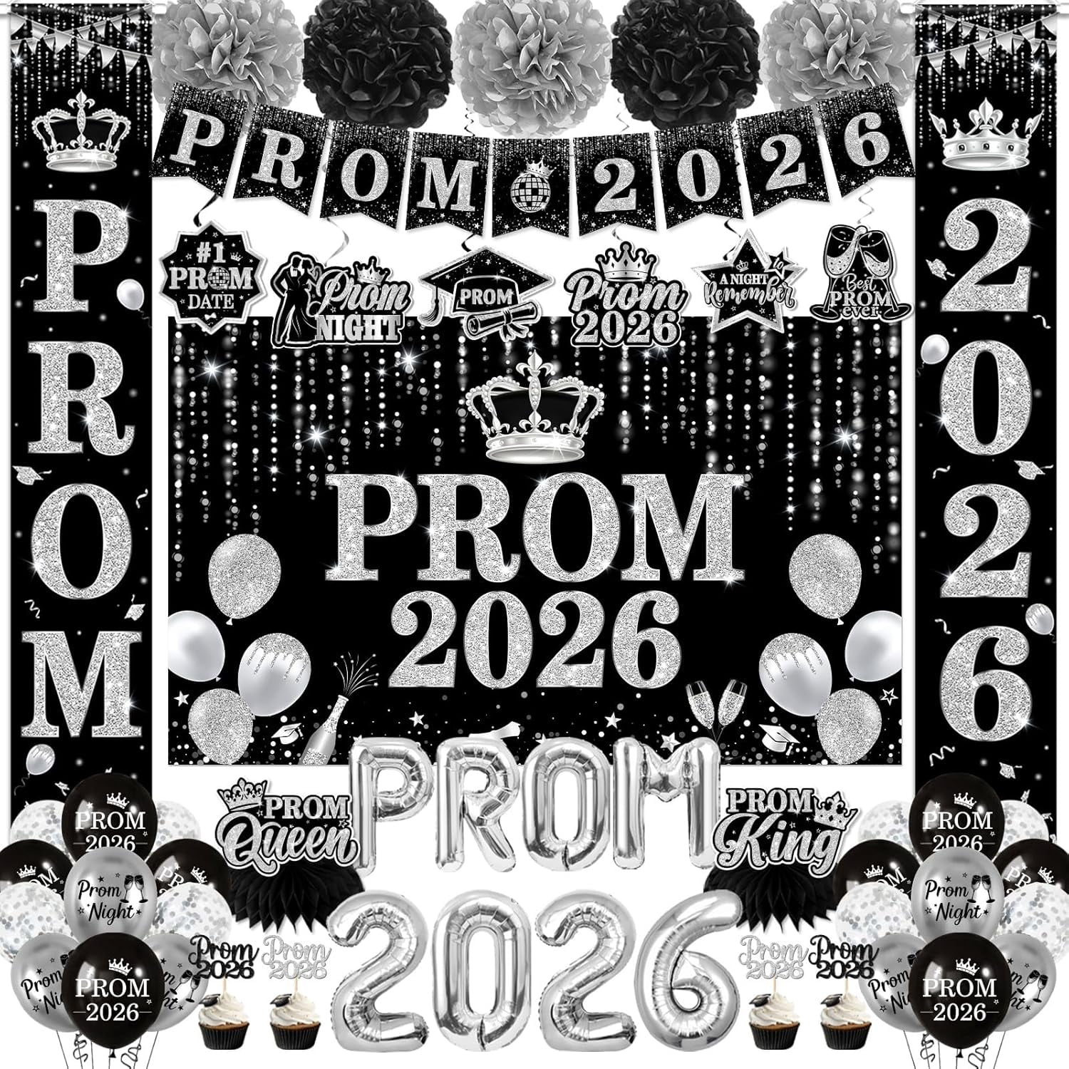 Prom Decorations 2026, includes Prom 2026 Banner Prom Backdrop Silver ...