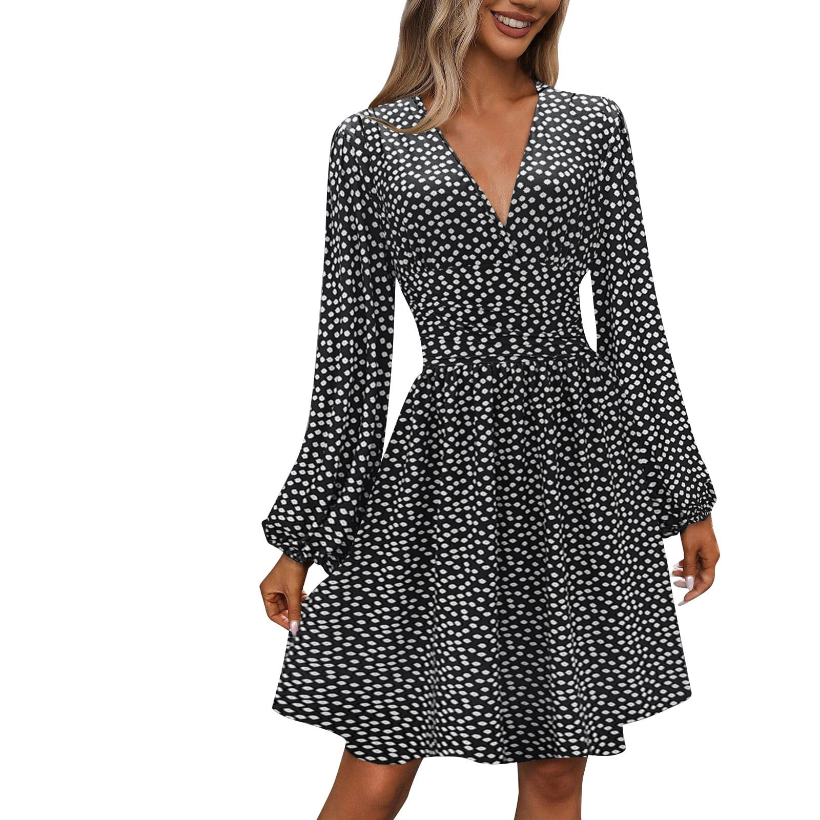 Prom Dress, Smocked Mini V Neck Long Sleeve Pleated Tunic A Line Dress ...