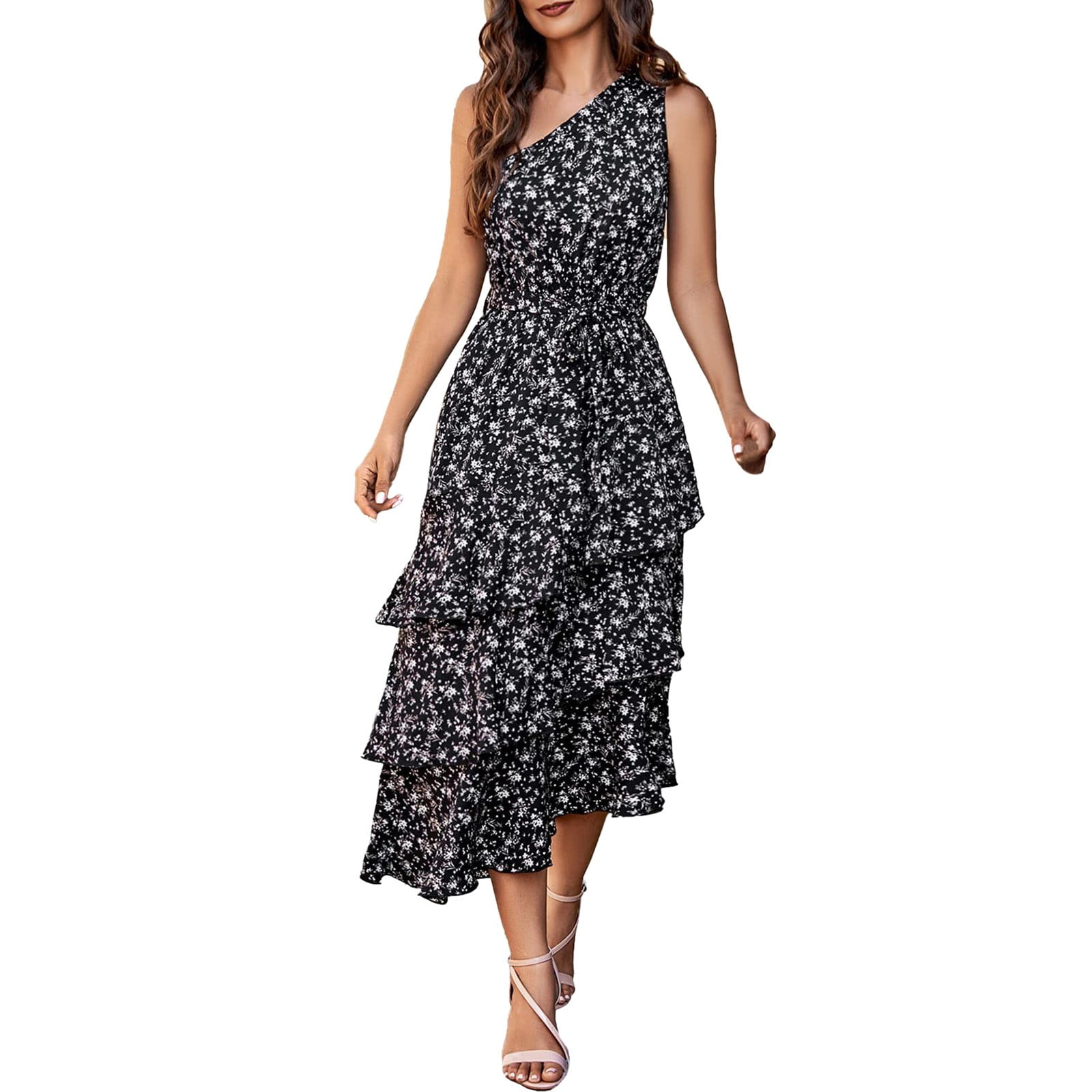 Prom Dresses 2024 Women Floral Casual One Shoulder Tiered Ruffle Flowy ...