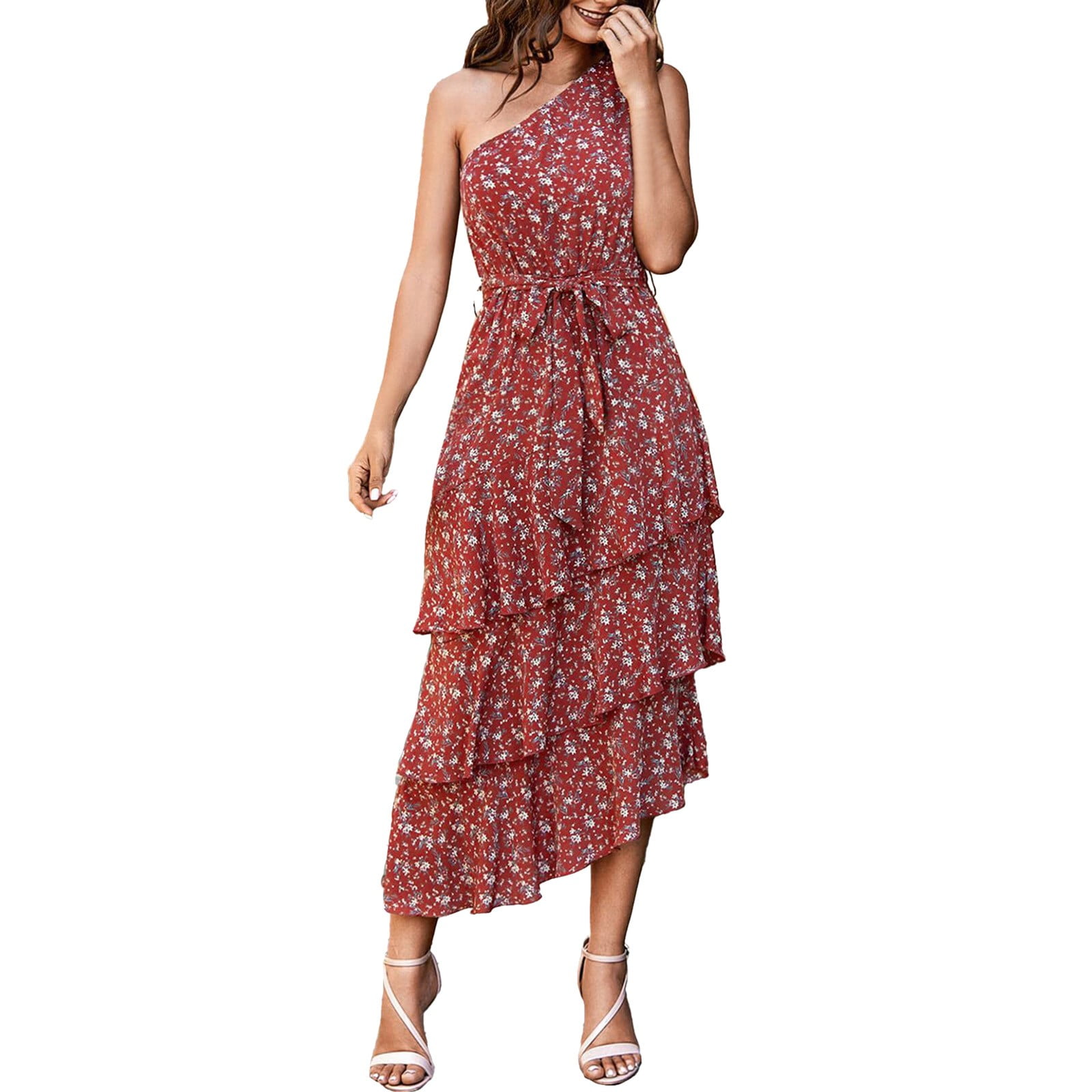 Prom Dresses 2024 Women Summer Floral Casual One Shoulder Tiered Ruffle ...