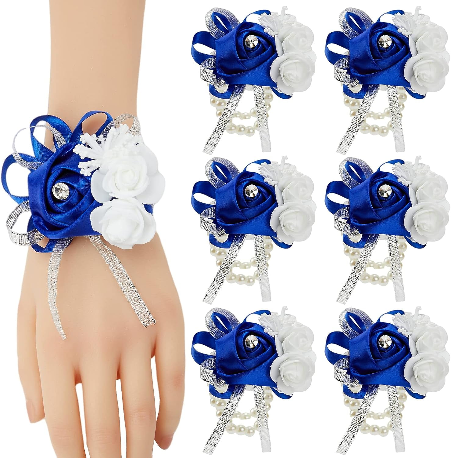 Prom Flower Wrist Corsages for Wedding, Set of 6, Royal Blue Wrist ...