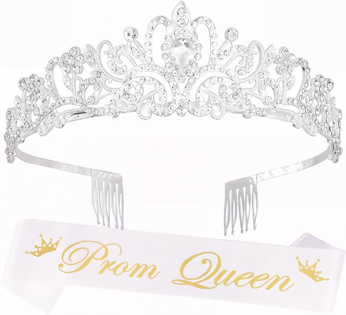 Daofin Prom Queen Sash and Tiara Set Silver Crown for Women Girls ...