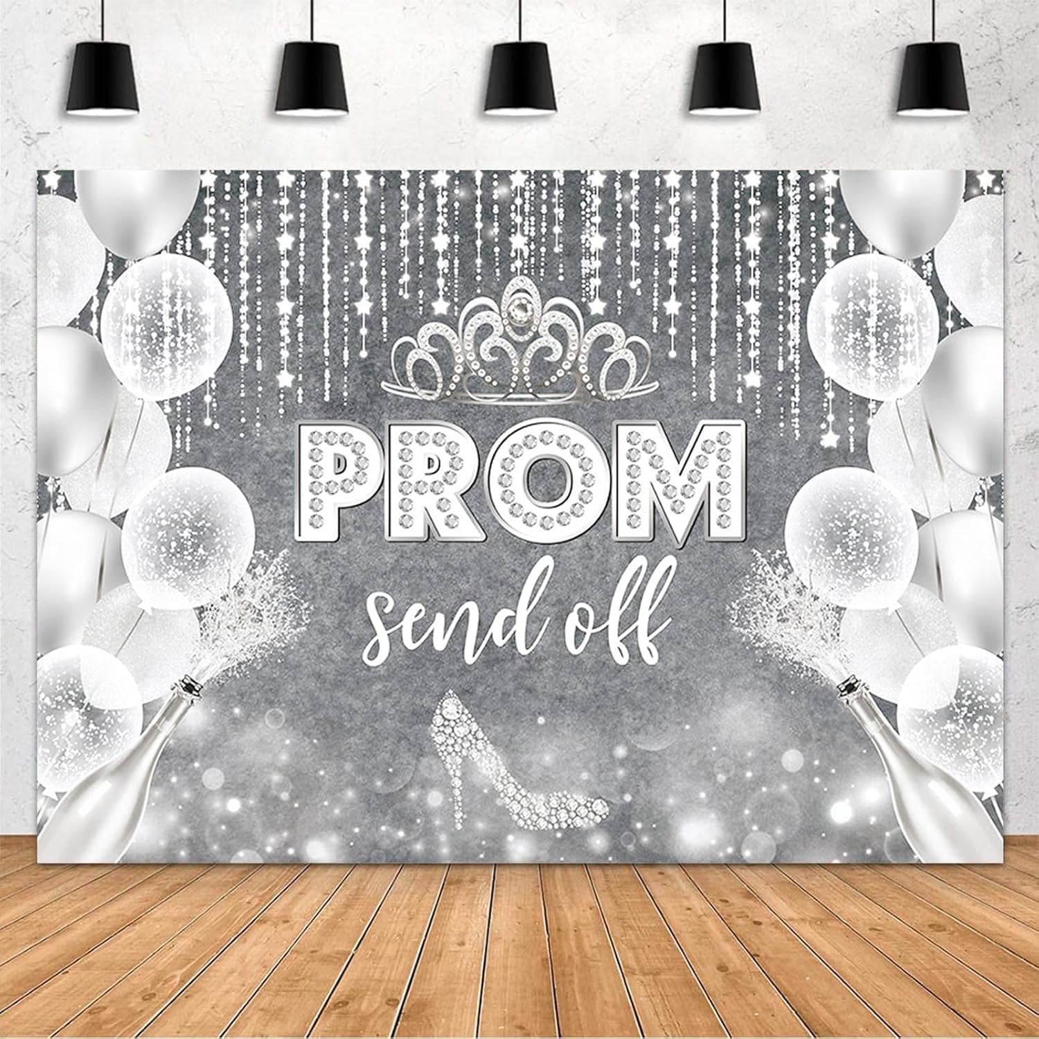 Prom Send Off 2026 Backdrop Silver Glitter Crown Champagne Congrats ...