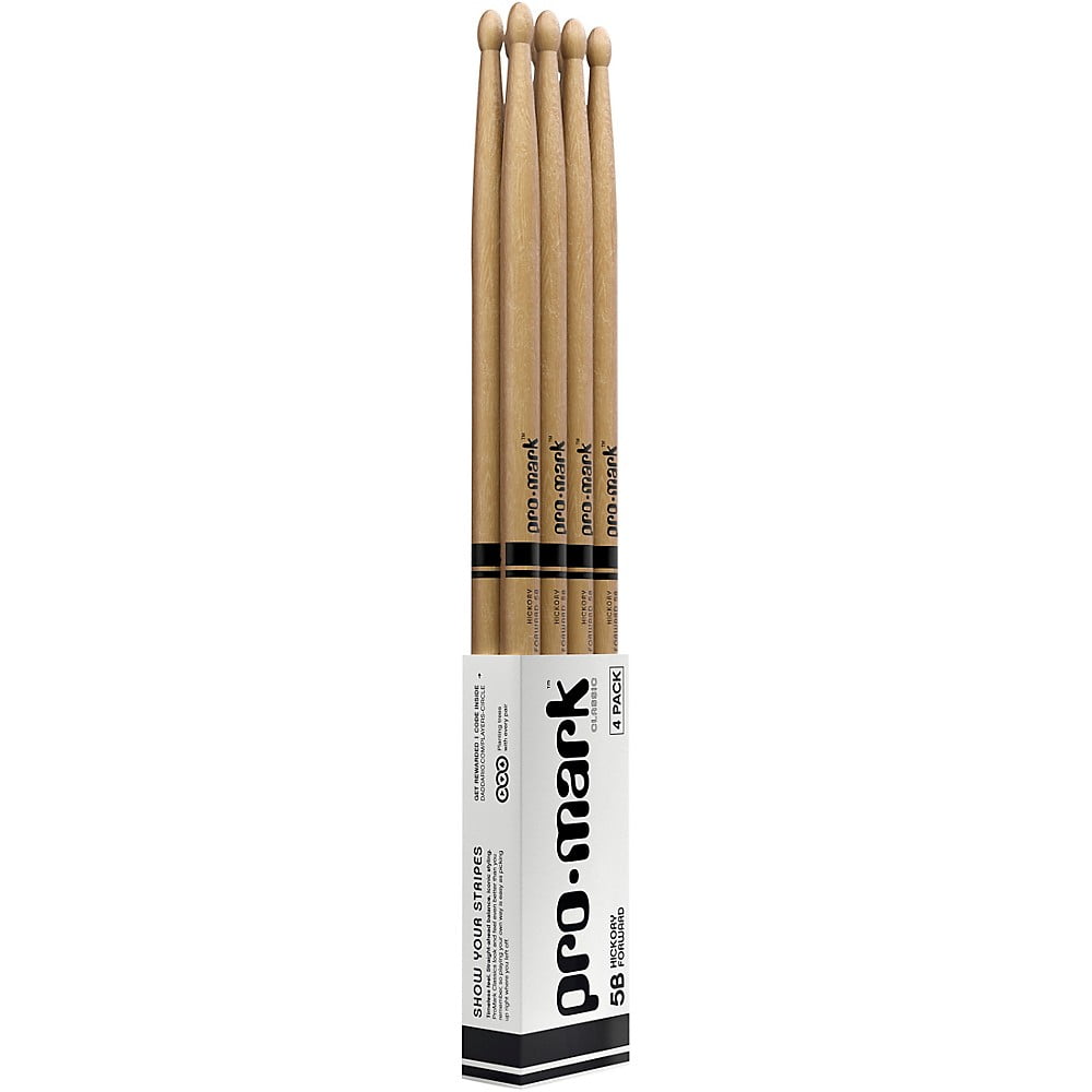 Promark Classic Forward Hickory Wooden Drum Sticks 5B Wood Tip, 4-Pack ...