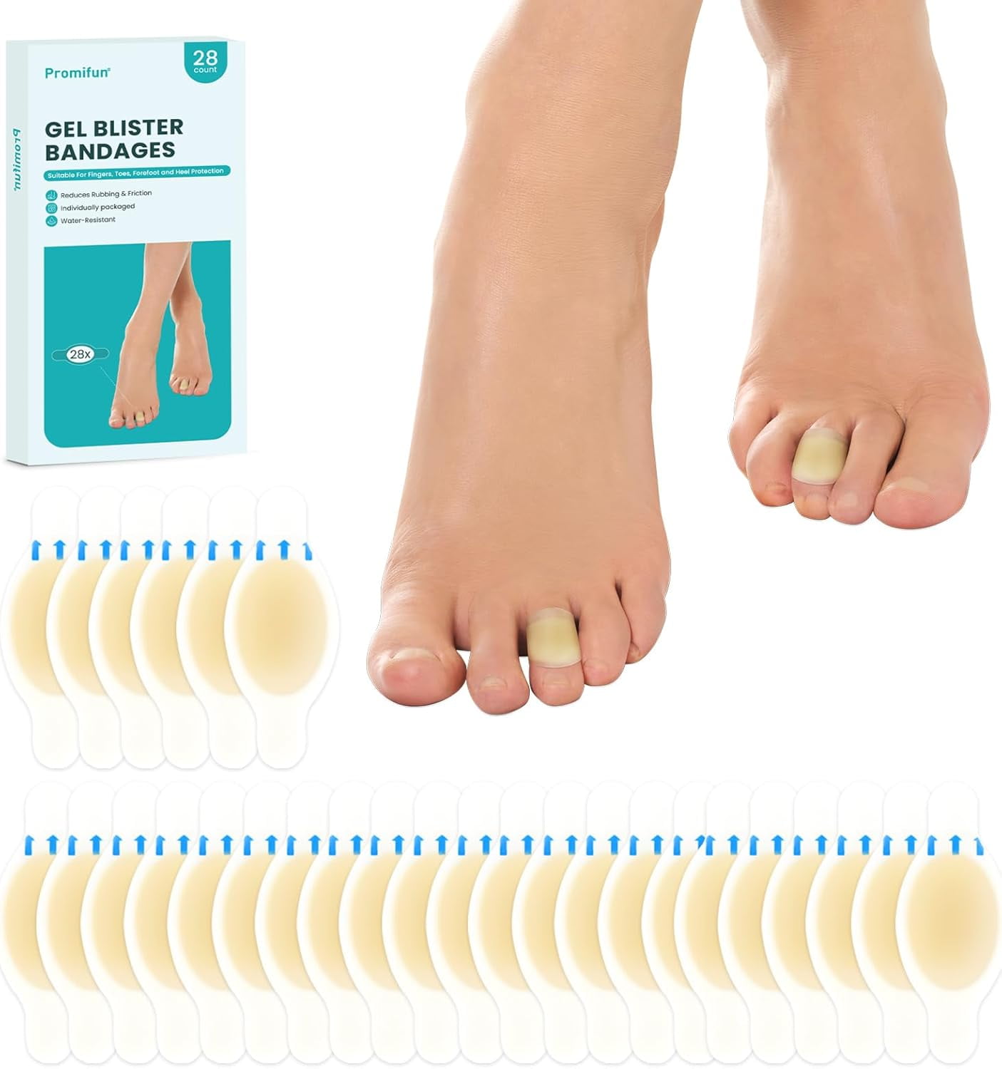 Promifun Blister Pads - 28 ct Water Resistant Hydrocolloid Bandages for ...