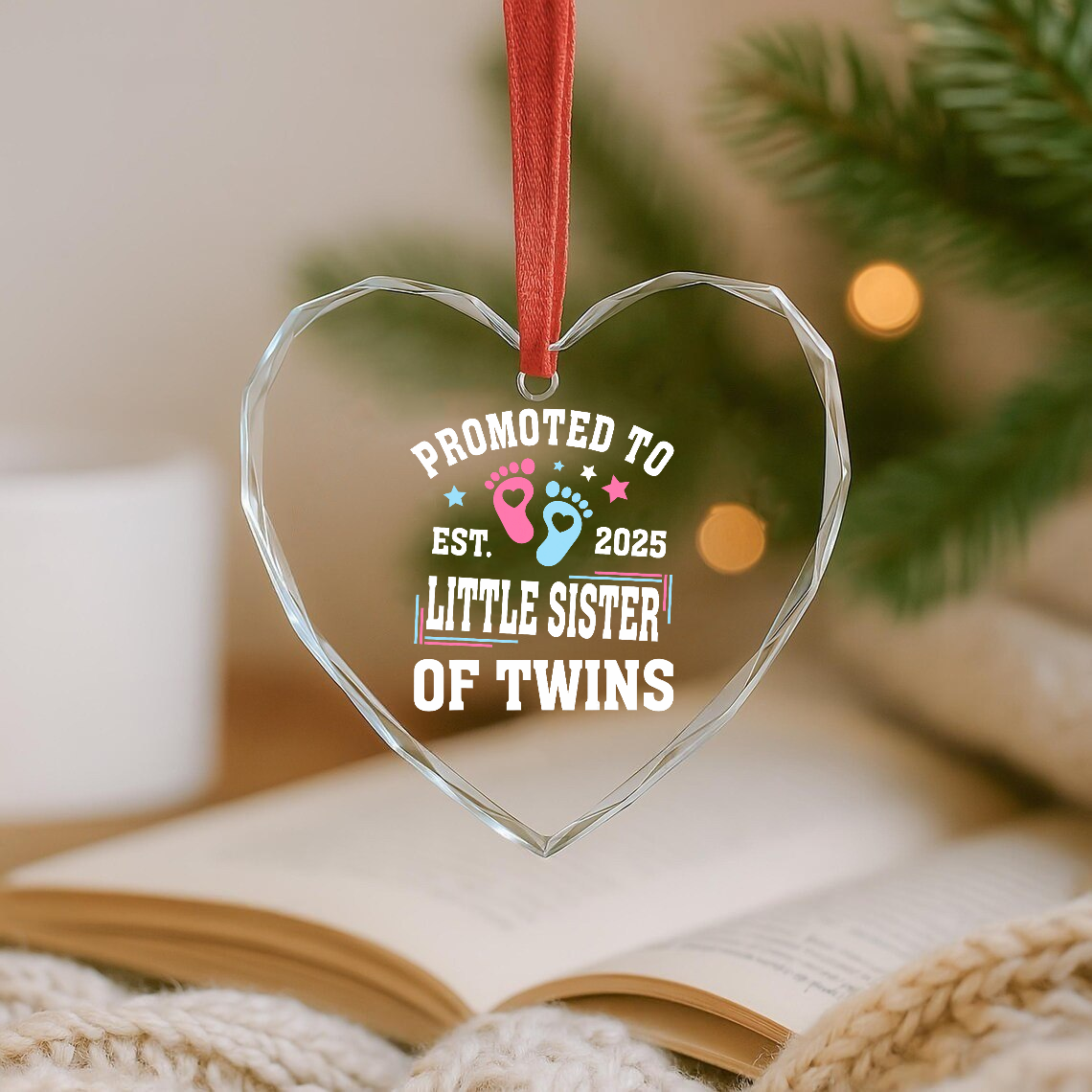 Promoted To Little Sister Of Twins Est 2025 Gender Reveal Ornament Home ...