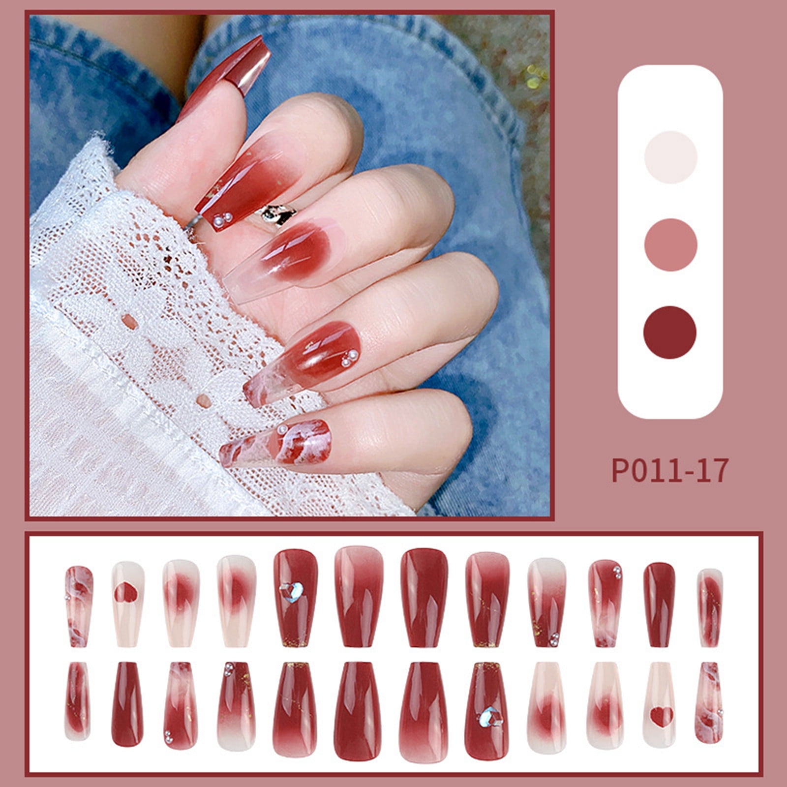 🌸Promotion Sale! Claret Press on Nails Love Gradient False Nail Tips ...