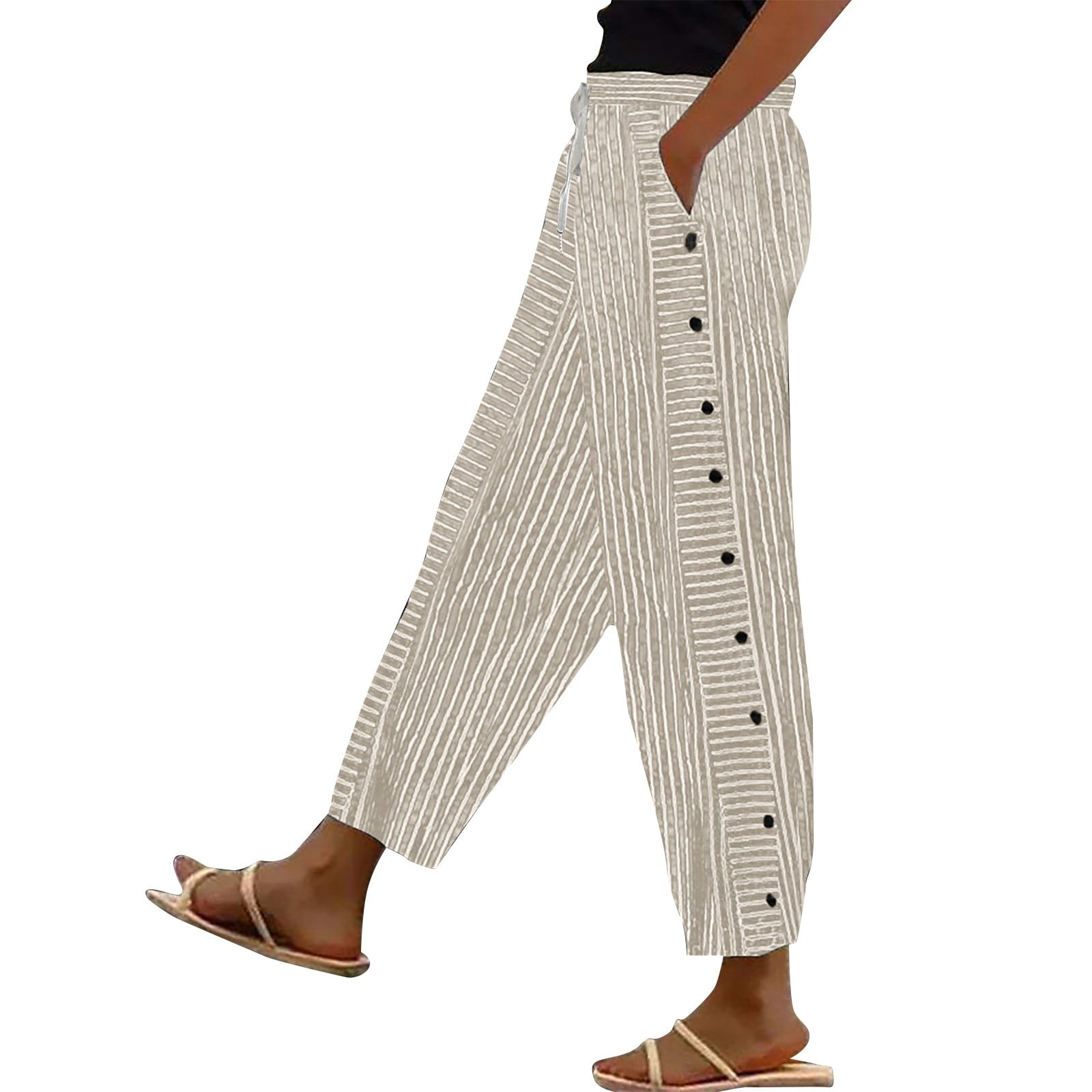 Promotion Sale! Women's Cotton Linen Striped Pants High Waist Button ...