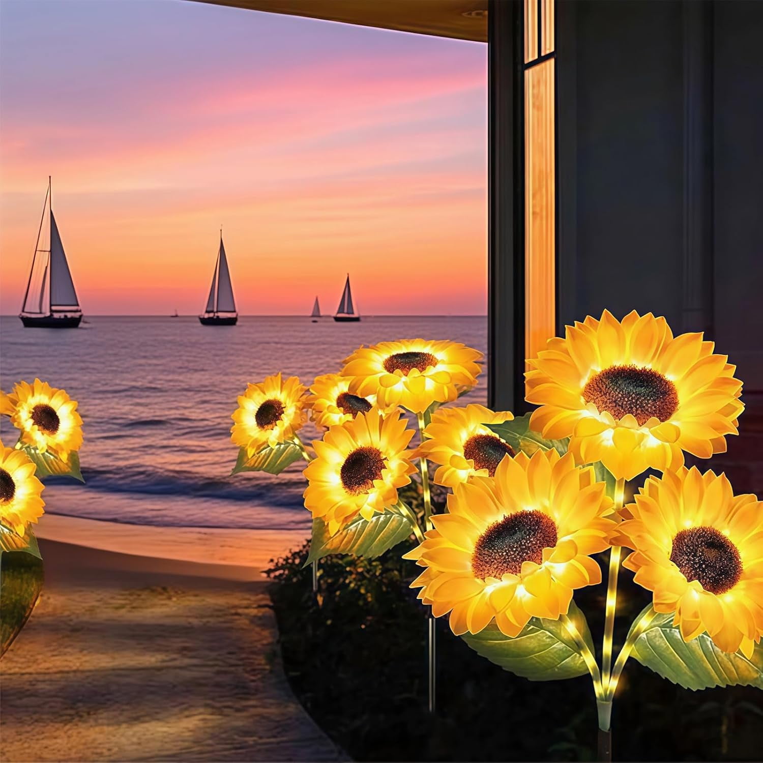 Promptanda Solar Sunflowers Outdoor Garden Lights Waterproof Three ...
