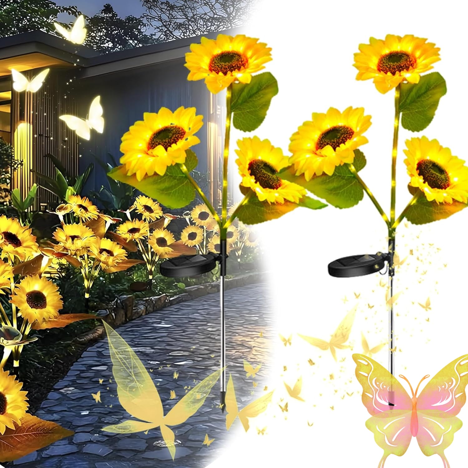 Promptanda Solar Sunflowers, Solar LED Sunflower Garden Lights-29.6inch ...