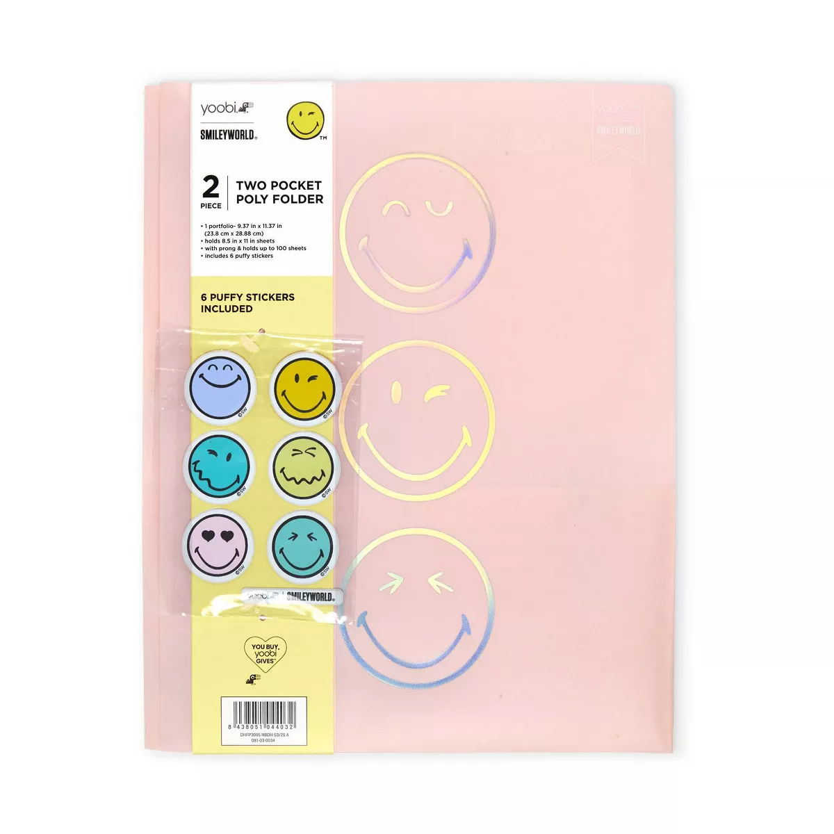 Prong 2 Pocket Plastic Folder Blush Smiley with Stickers, School ...