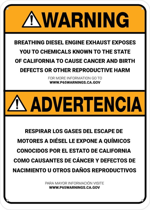 Prop 65 Engine Exhaust Bilingual Spanish Sign 8 X 12 Inches Rust Free ...