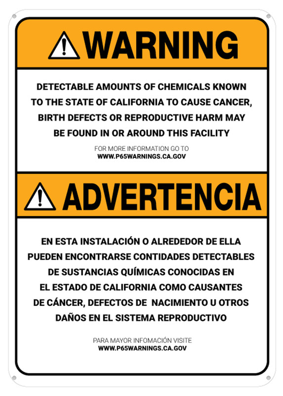 Prop 65 Facility Bilingual Spanish Sign Metal 8X12 Inch Rust Free ...