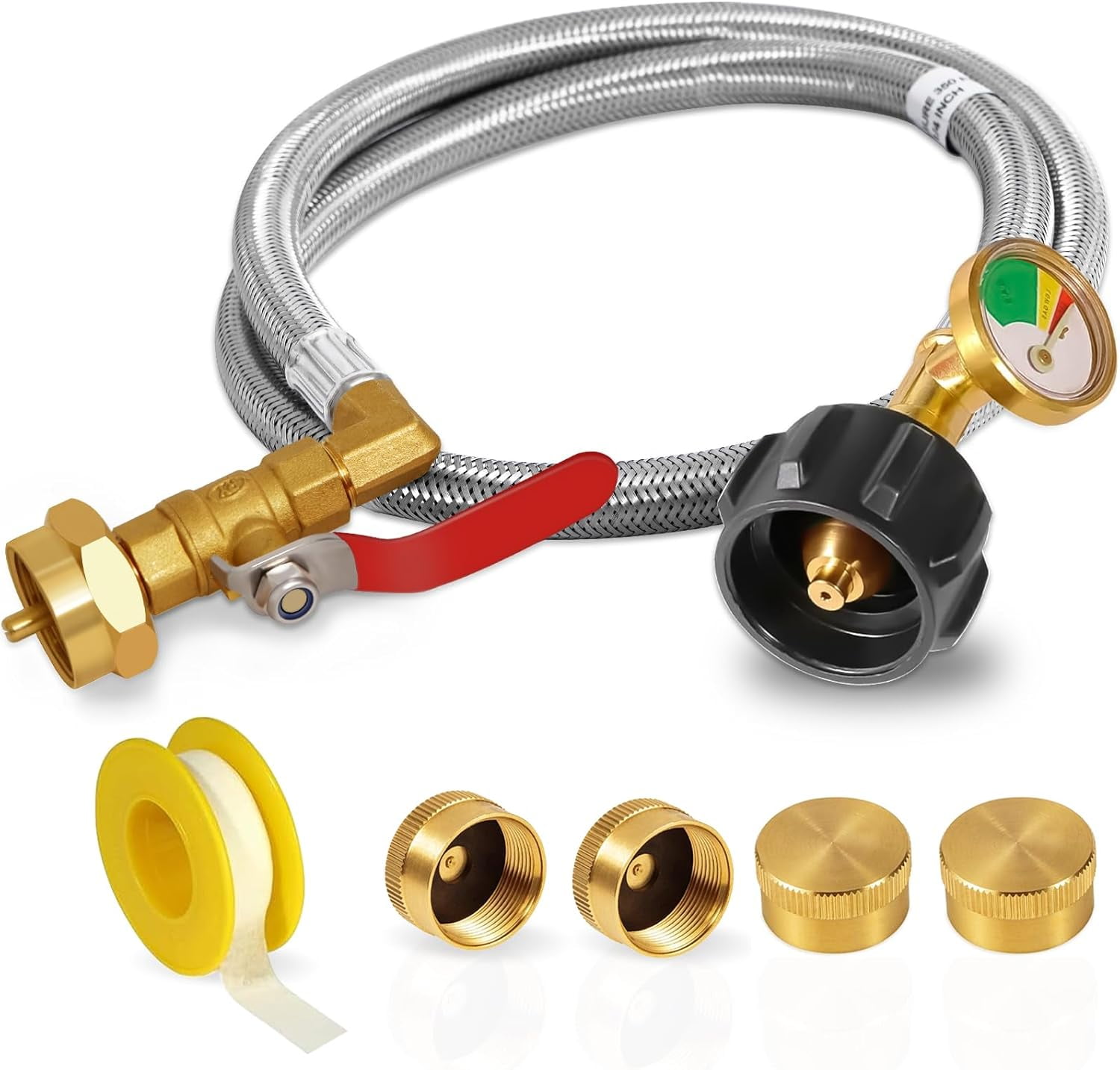 Propane Adapter for 1 lb. Tanks with Tank Gauge & Control Valve, 3 FT Propane Refill Stainless ...