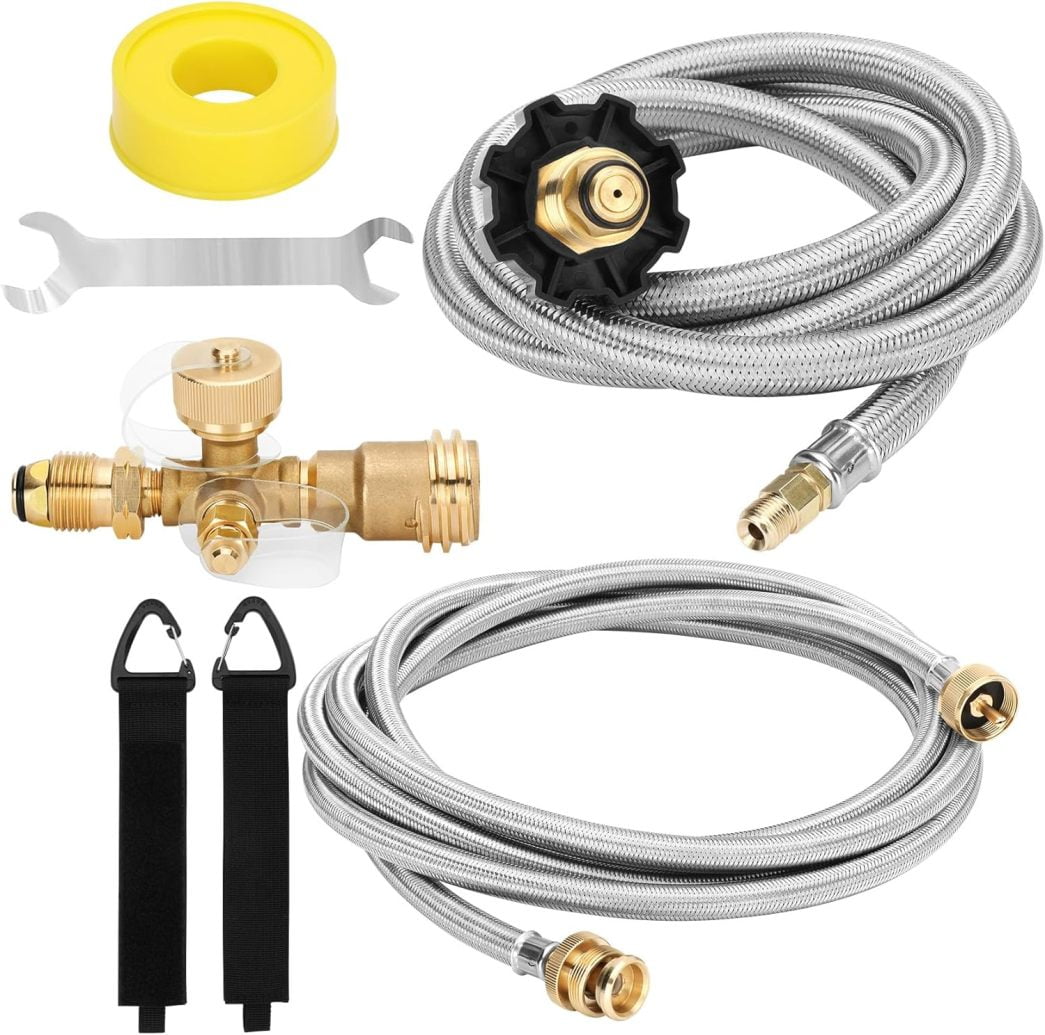 Propane Brass Tee 4 Port Adapter Kit with 5FT and 12FT Stainless ...