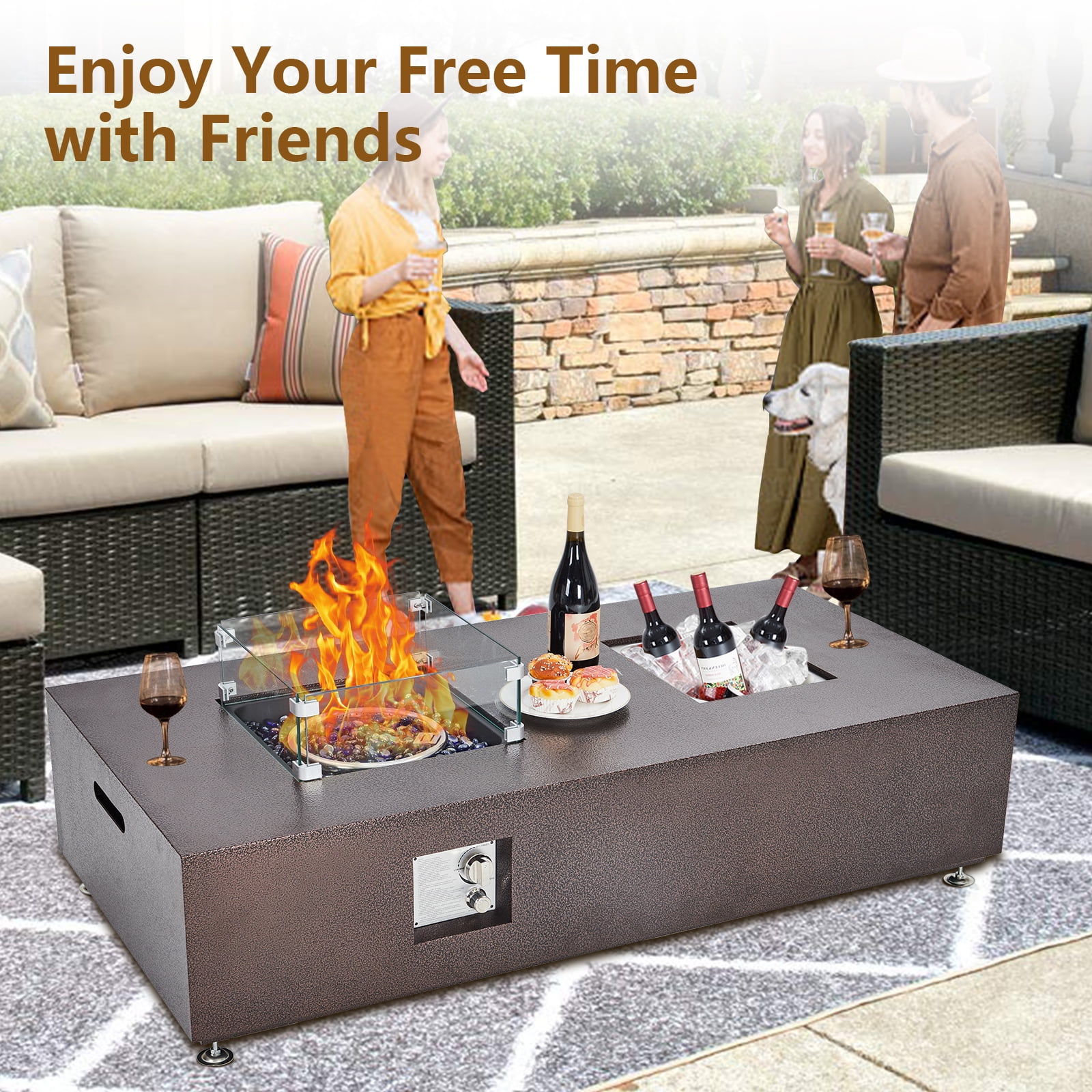 Propane Fire Pit Table，50000BTU Fire Table with Wind Guard, 11LBs Glass ...