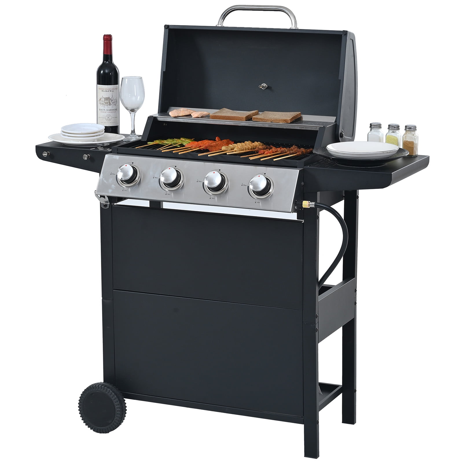 Propane Gas 4 Burner Barbecue Grill, Stainless Steel 34,000 BTU Patio Garden Barbecue Grill with ...