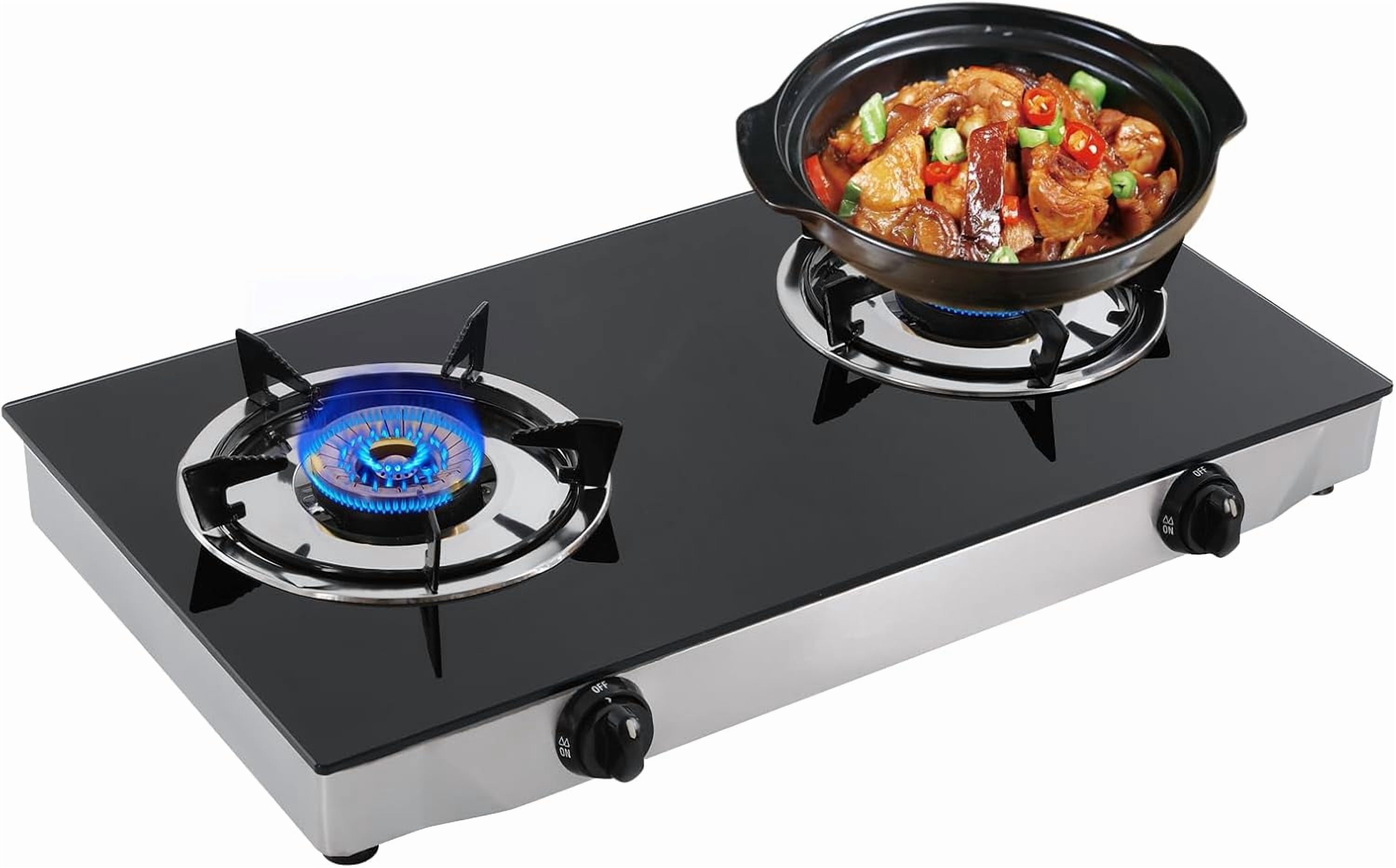 Propane Gas Cooktop, 2 Burners Portable Gas Outdoor Stove Tempered Glass Double Auto Ignition ...