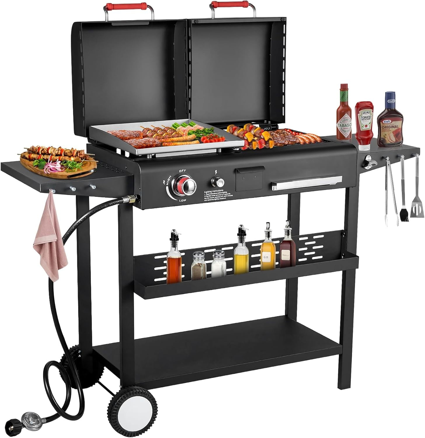 Propane Gas Griddle Charcoal Grill Combo Flat Top Griddle W/Dual Lids ...