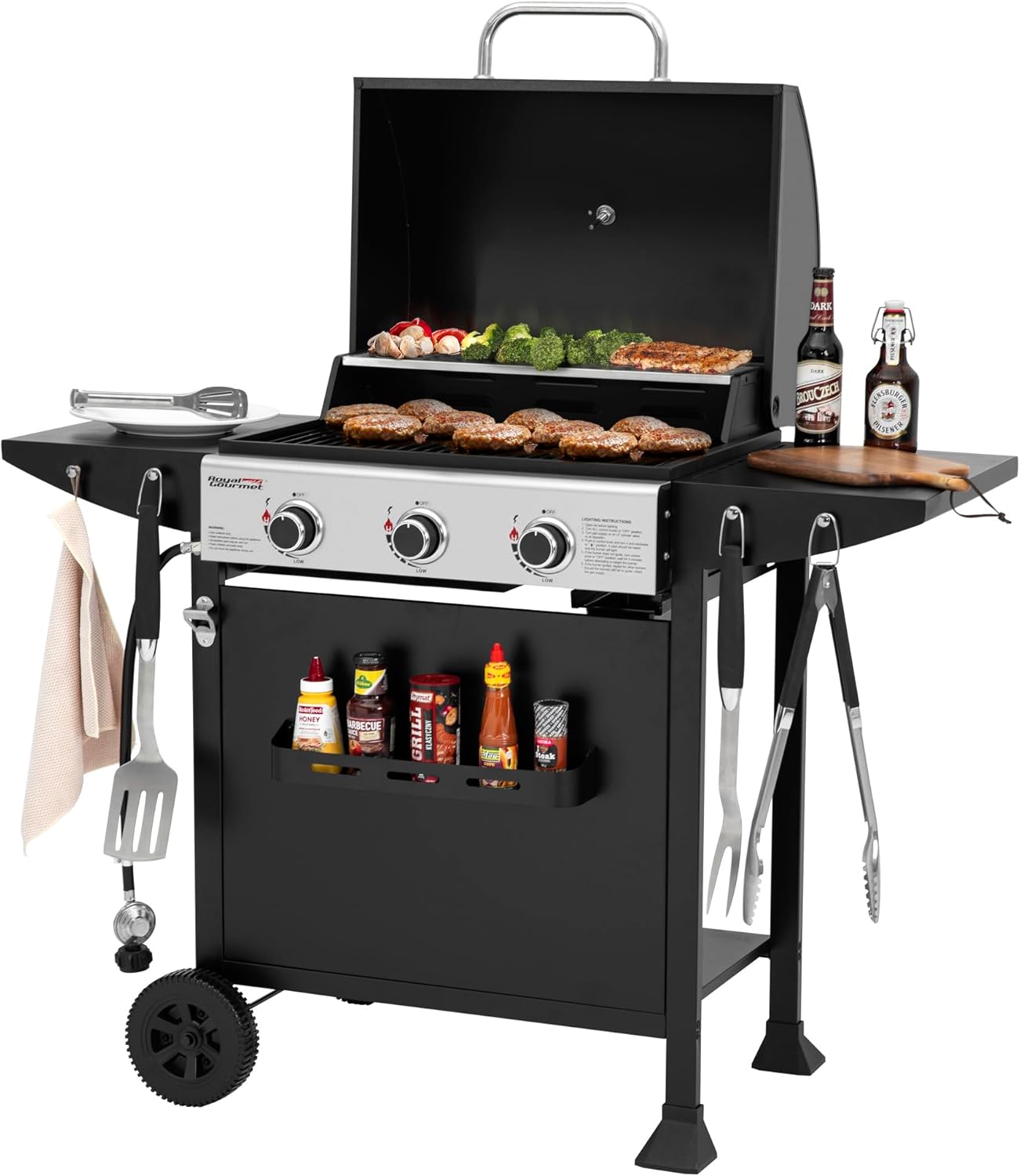 Propane Gas Grill with Side Tables, Cart Gas Grill with Front Board ...