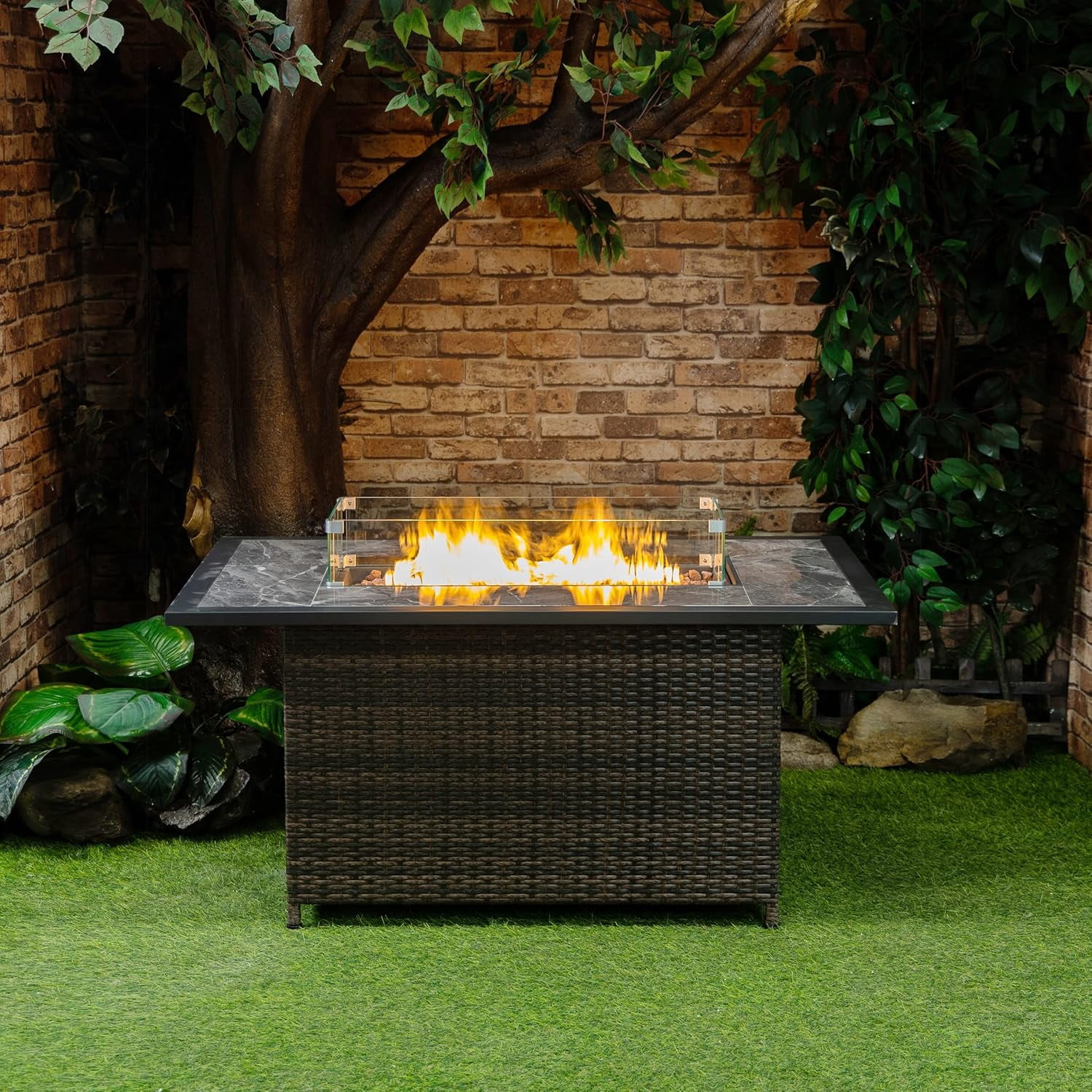 Propane Gas Outdoor Fire Pits Table with Tile Tabletop and Tempered ...