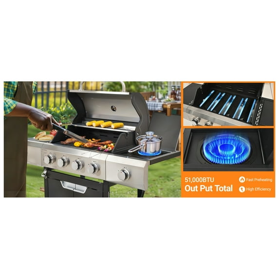 Propane Grill 4 Burner Barbecue Grill Stainless Steel Gas Grill with ...