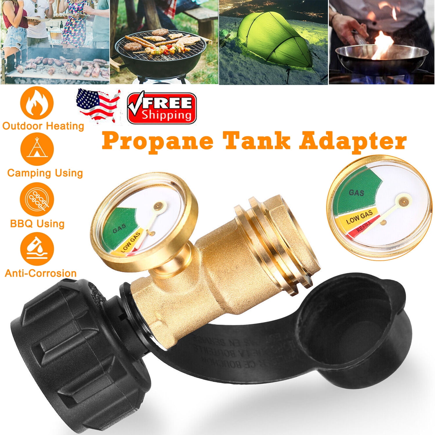 Propane Tank Gauge RV Pressure Brass Adapter Gas Level Meter Grill BBQ ...