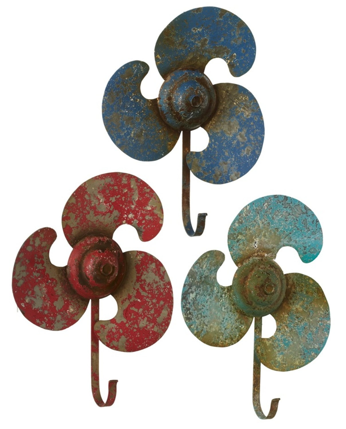 Propeller Shaped Single Wall Hooks Set of 3 Red Blue Teal Rustic Finish ...