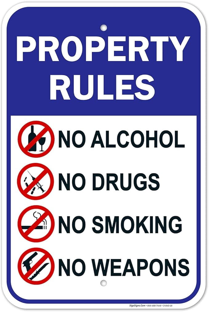 Property Rules Sign,No Alcohol No Drugs No Smoking No Weapons Metal ...