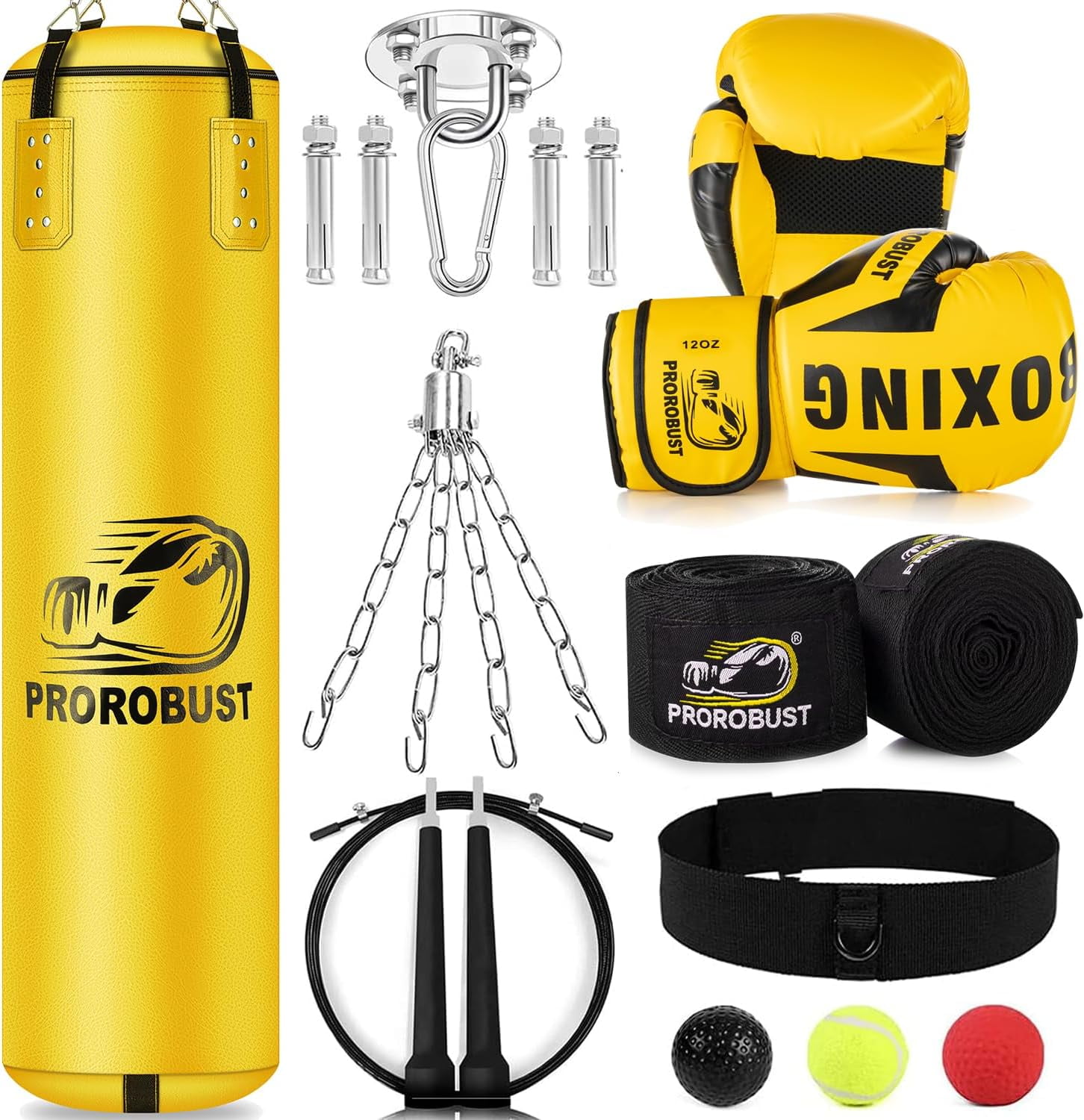 Prorobust Punching Bag for Adults, 4ft Yellow PU Heavy Boxing Bag Set ...