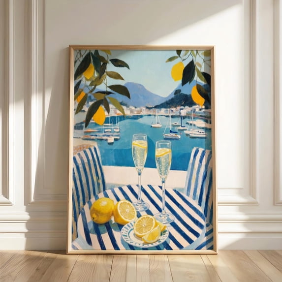 Prosecco Cheers Amalfi Coast Lemon Trees Preppy Yellow Stripes Bar Cart ...