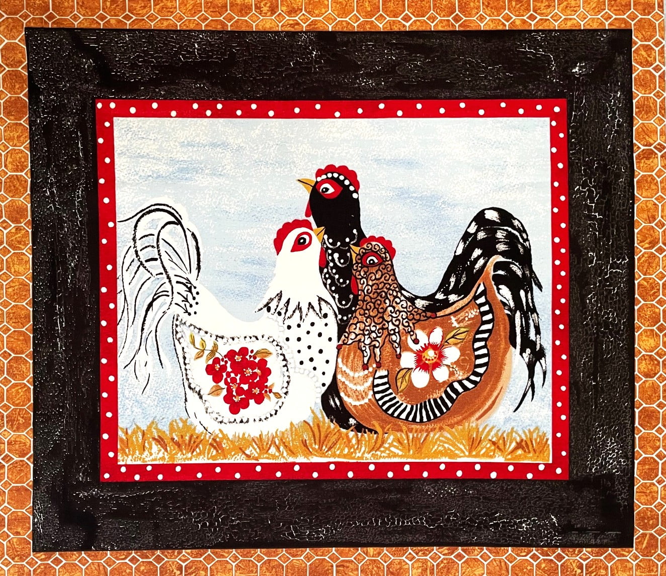 Prosperity Chickens Three French Hens Block Cotton Fabric Quilt Pillow ...