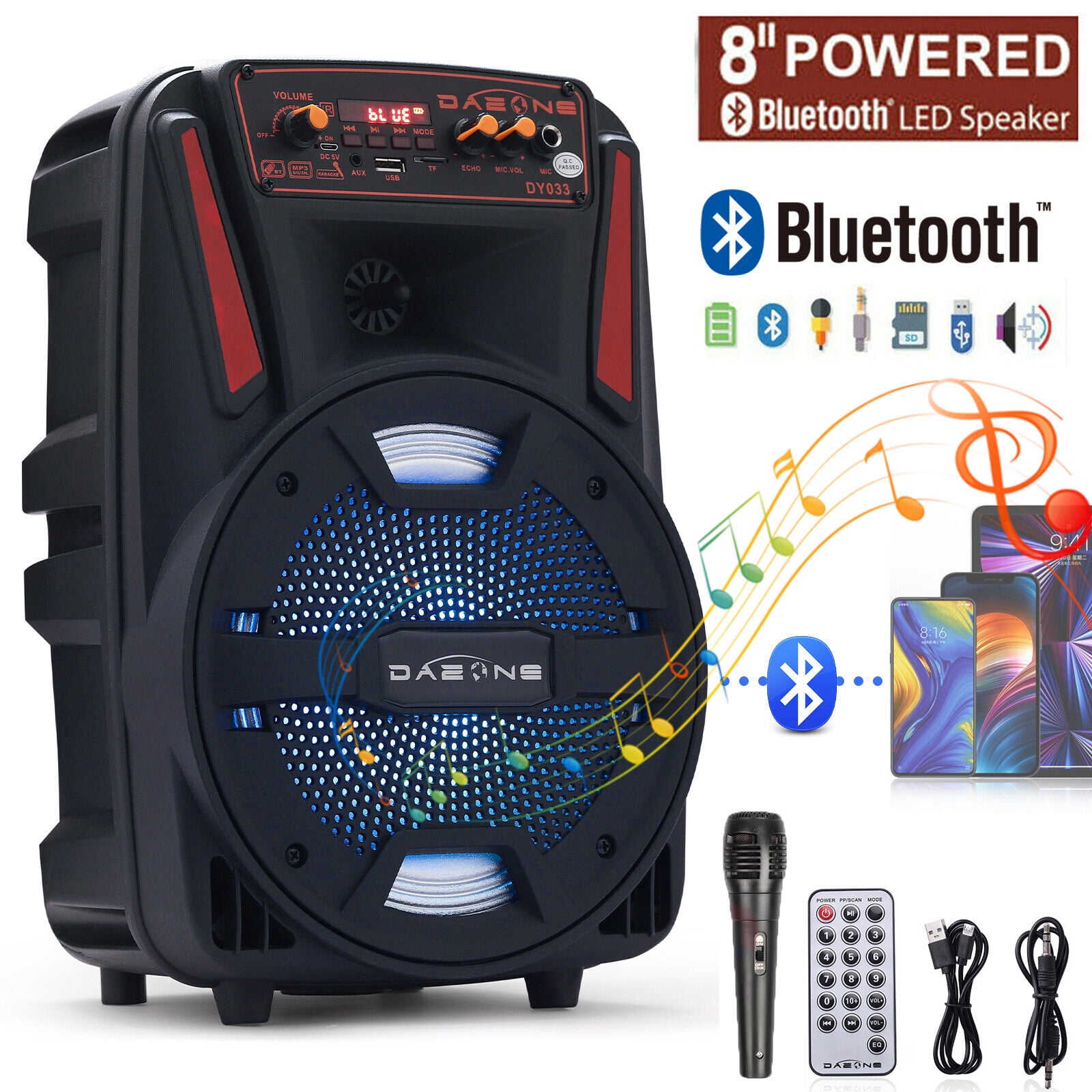 Protable Bluetooth Speaker 8" Woofer Wireless Party LoudSpeaker USB ...