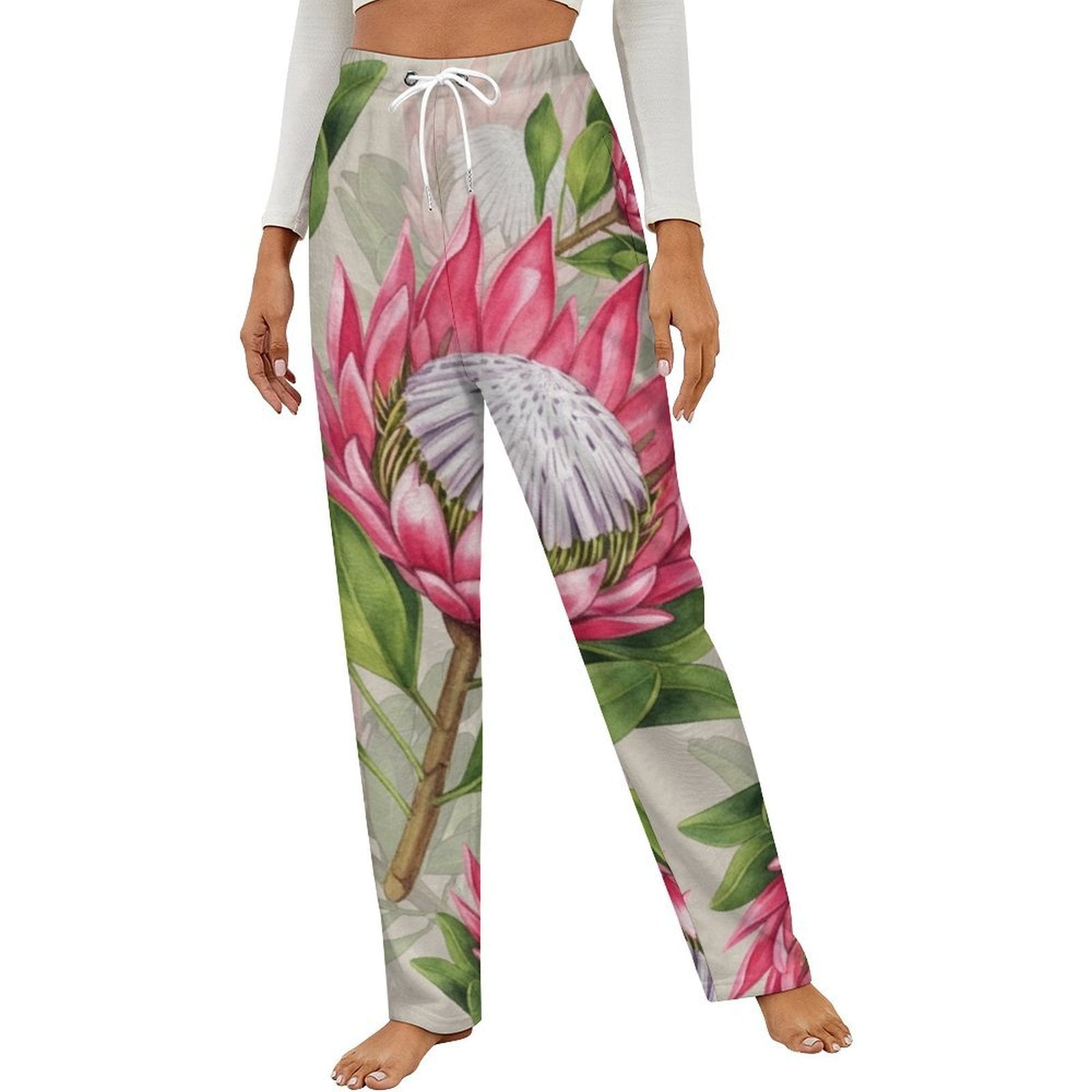 Protea Floral Pattern Winter Female Pants Flannel High Waist Women Pants Lady Warm Straight Leg ...