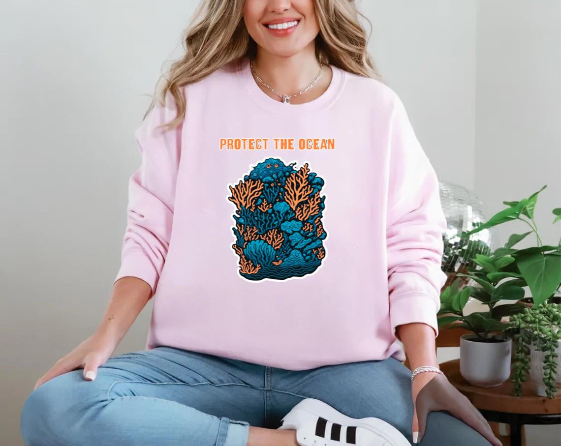 Protect the Ocean Sweatshirt with Bold Sea Life Save Eco Message, for ...