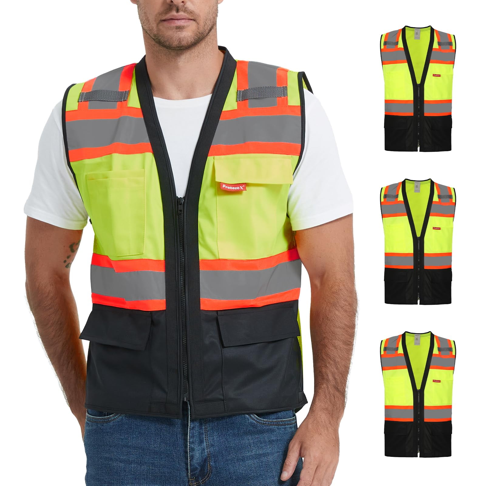 ProtectX 6 Pockets High Visibility Zipper Front Safety Vest with ...