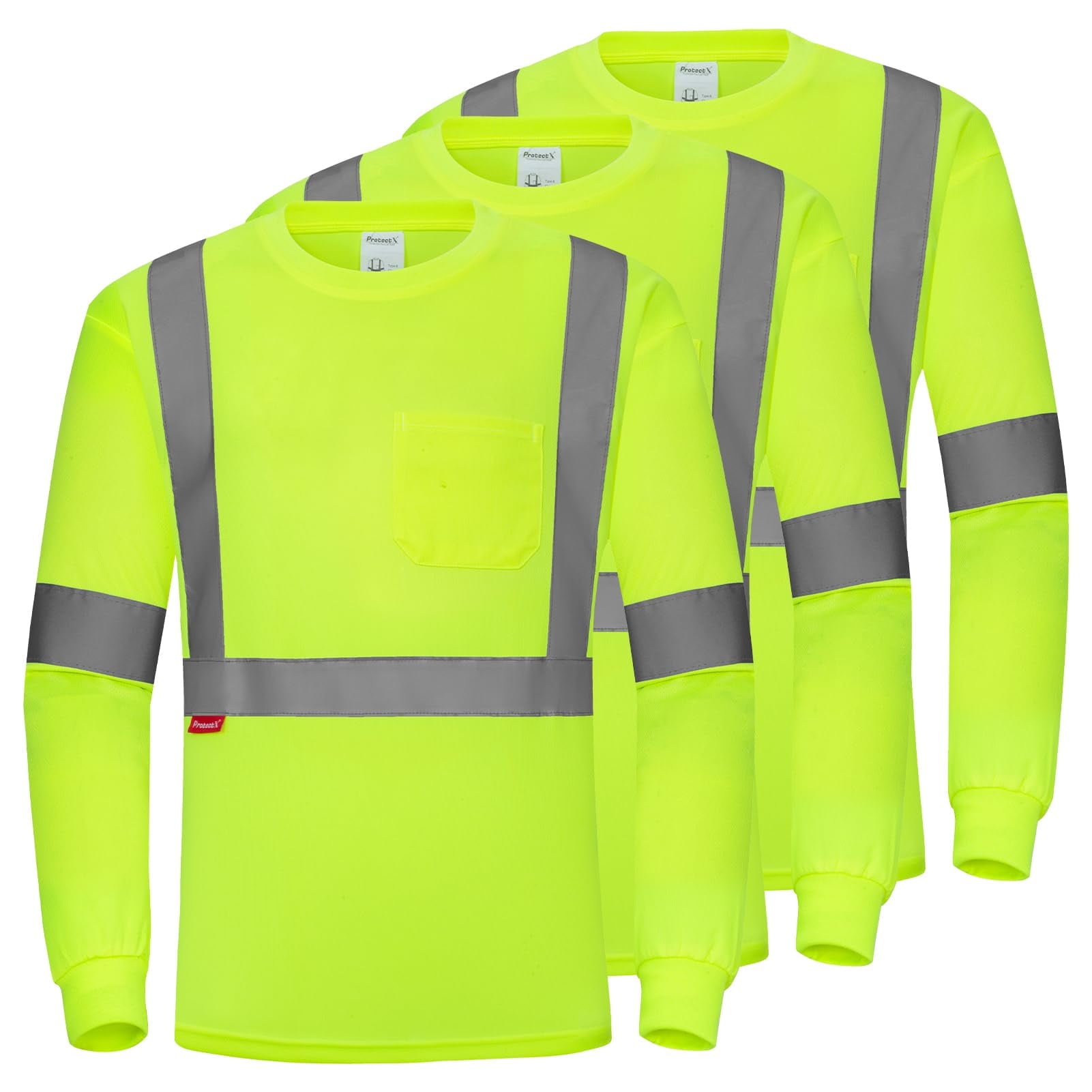 ProtectX 3-Pack Men's High Visibility Heavy Duty Breathable Long Sleeve Reflective Safety T ...